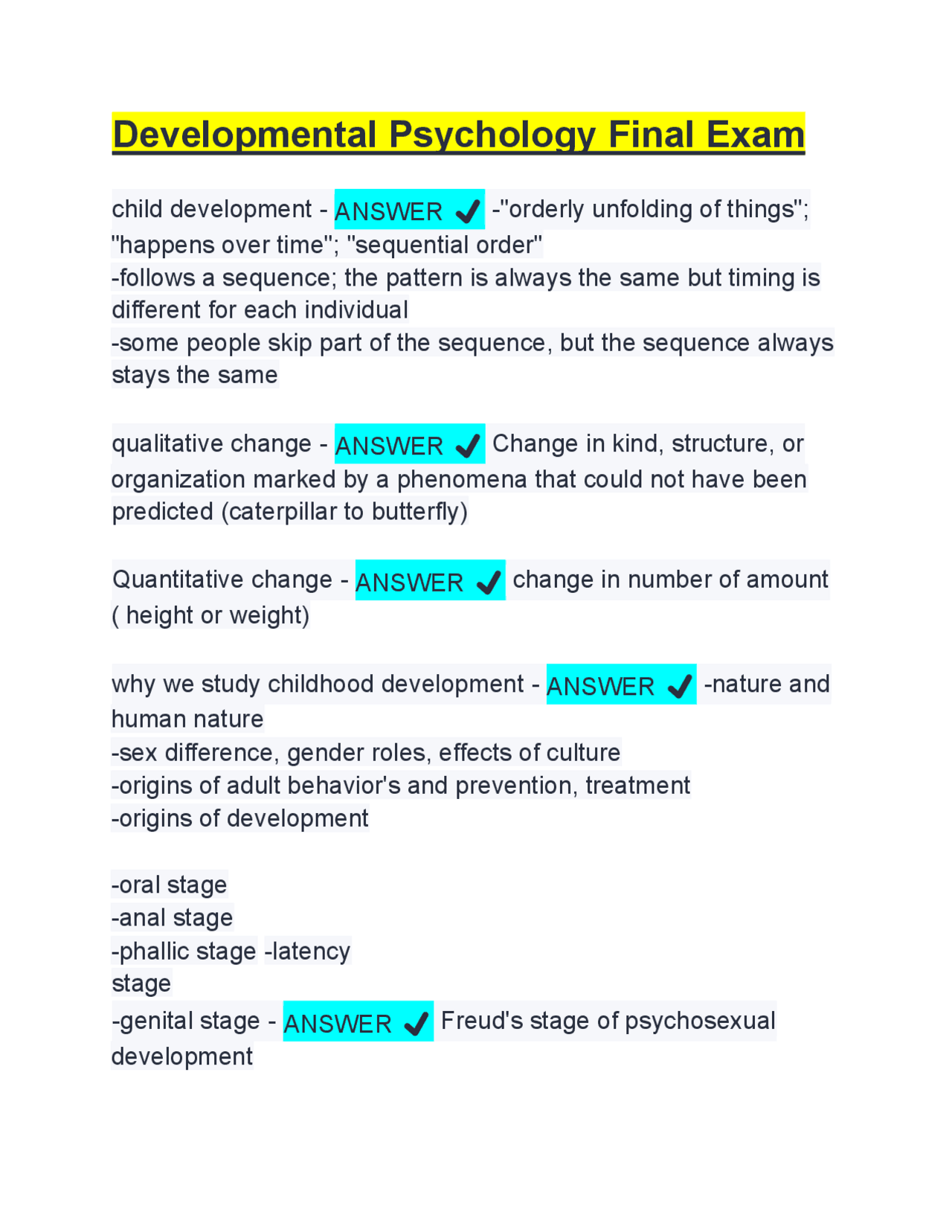 Developmental Psychology Final Exam: Key Concepts and Theories | Exams ...
