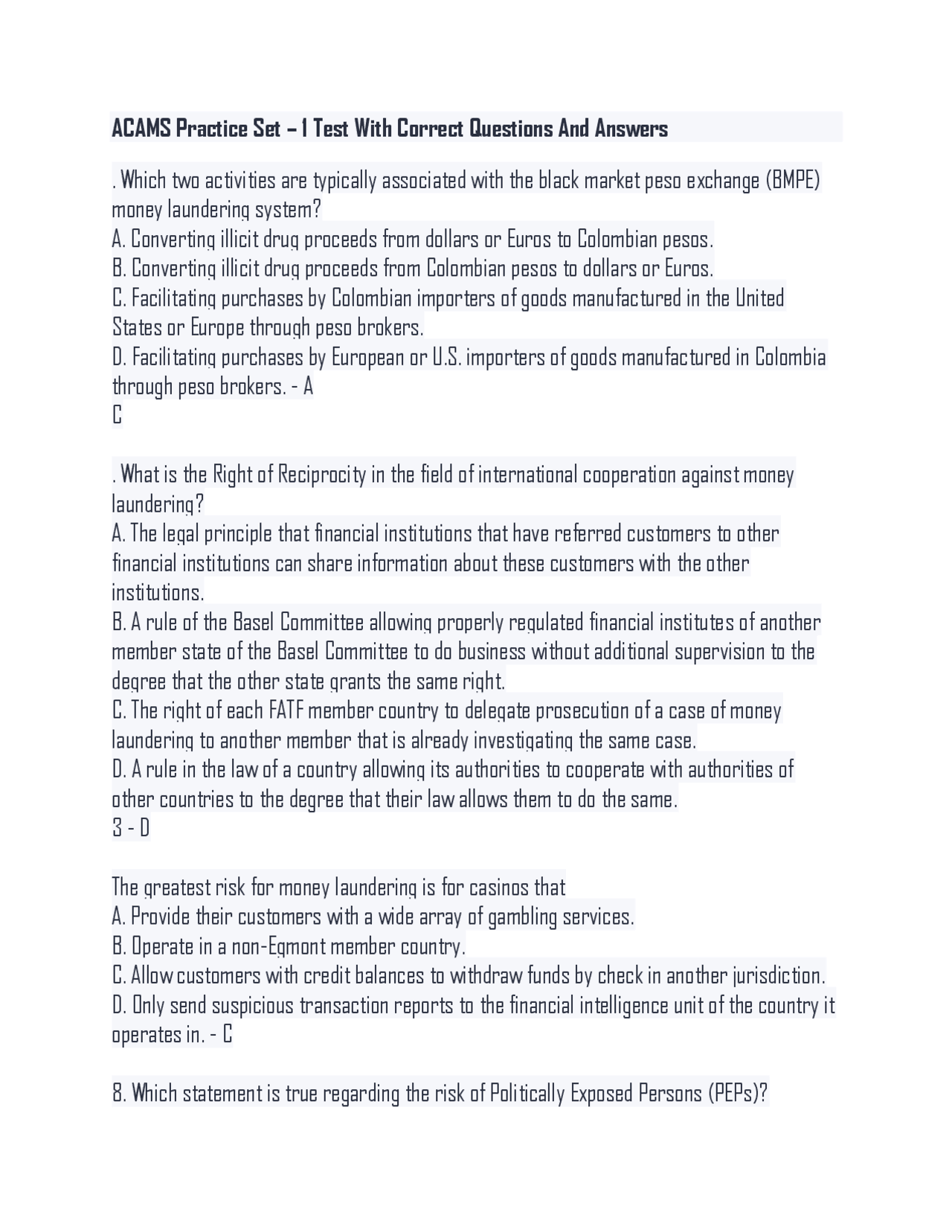 ACAMS Practice Set - 1: Anti-Money Laundering Test Questions and ...