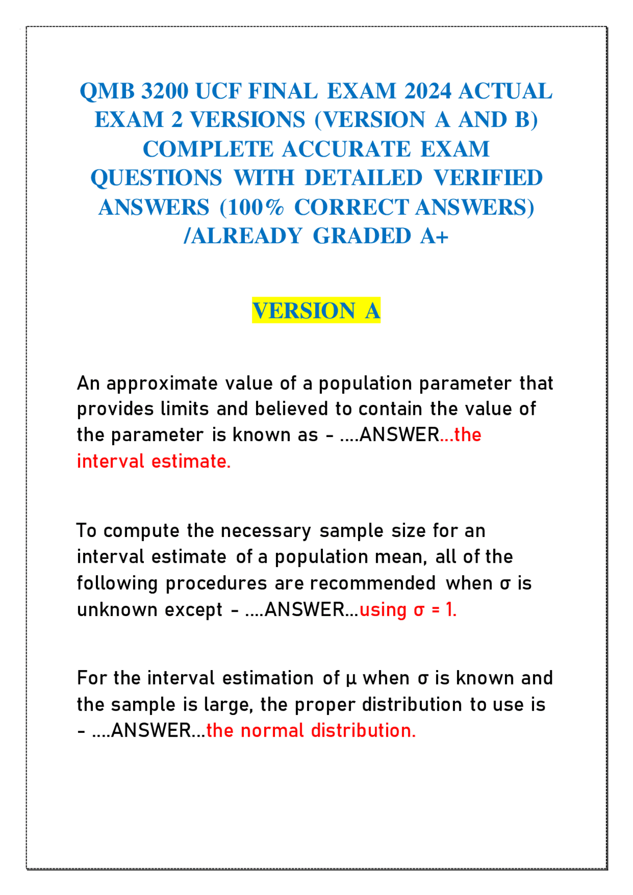 QMB 3200 UCF FINAL EXAM 2024 ACTUAL EXAM 2 VERSIONS (VERSION A AND B ...
