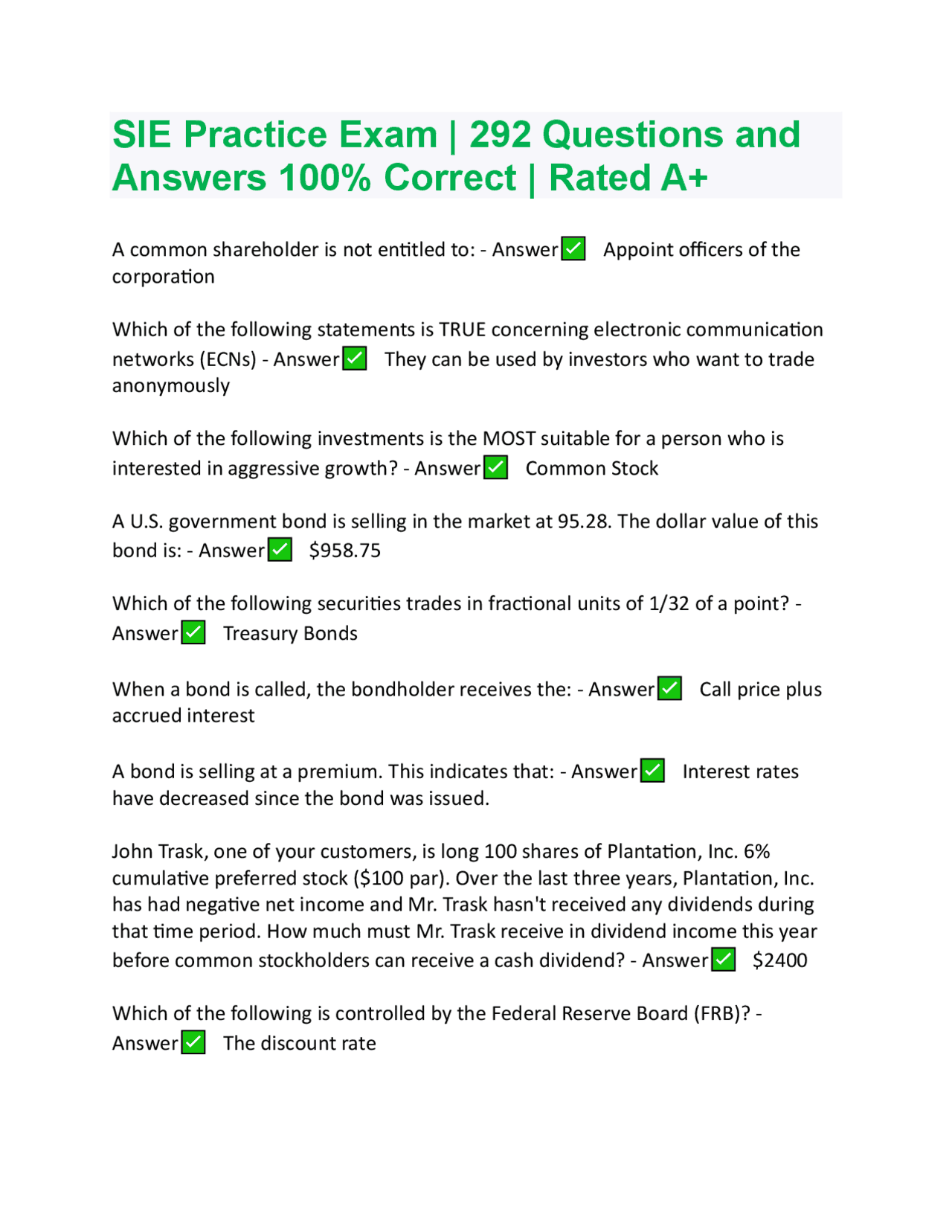 SIE Practice Exam: 292 Questions and Answers | Exams Nursing | Docsity