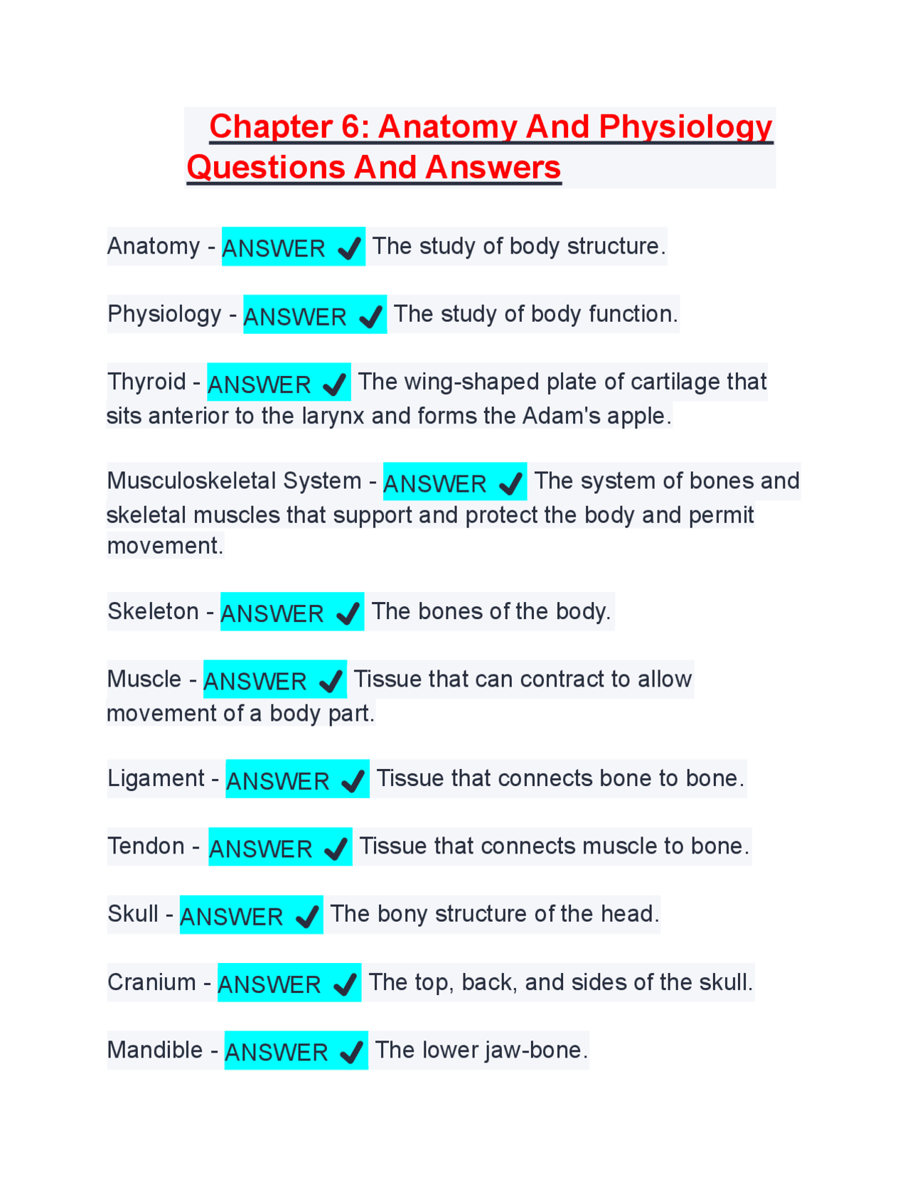 Chapter 6: Anatomy And Physiology Questions And Answers 2025 | Exams Nursing | Docsity