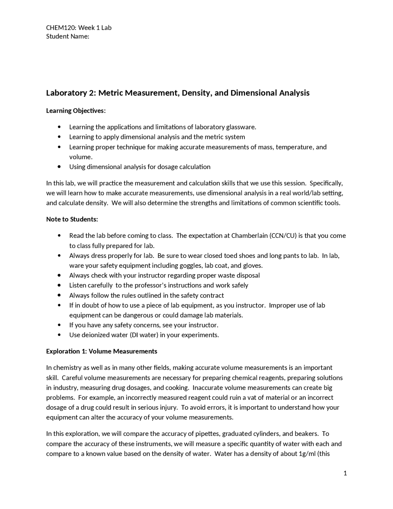 CHEM 120 Unit 1, Lab 2 - Laboratory 2_ Metric Measurement, Density & Dimensional Analysis ...