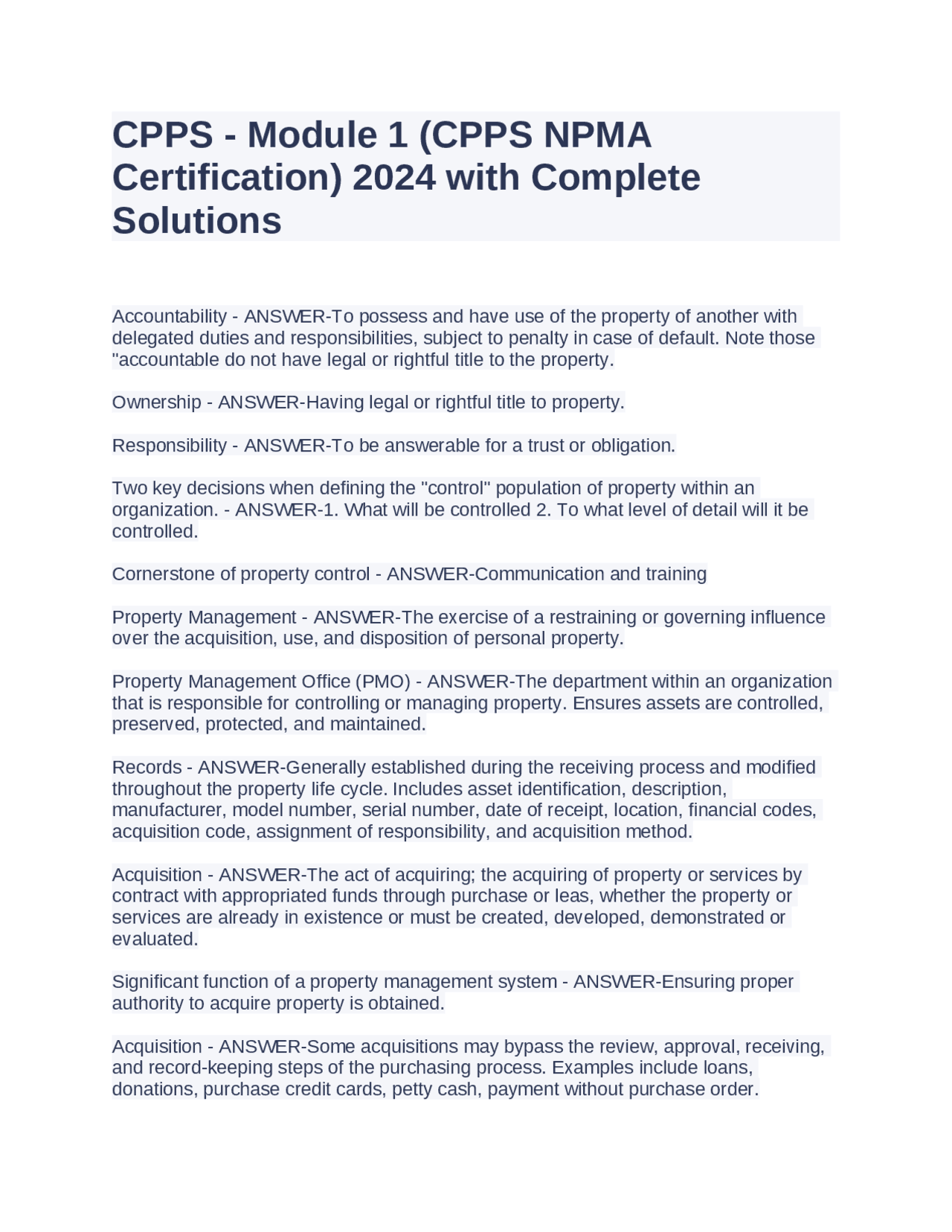 CPPS - Module 1 (CPPS NPMA Certification) 2024 with Complete Solutions ...