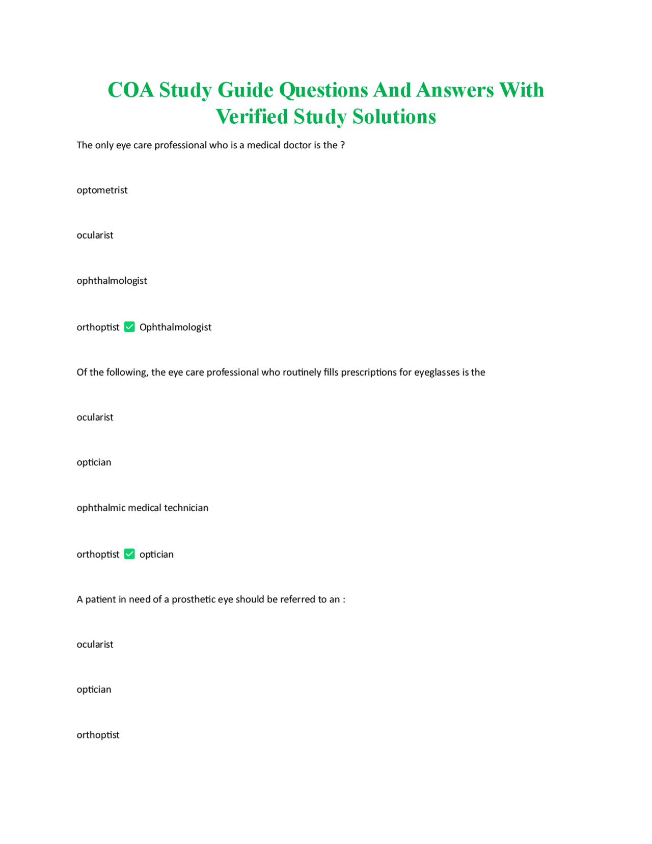 COA Study Guide Questions And Answers With Verified Study Solutions ...