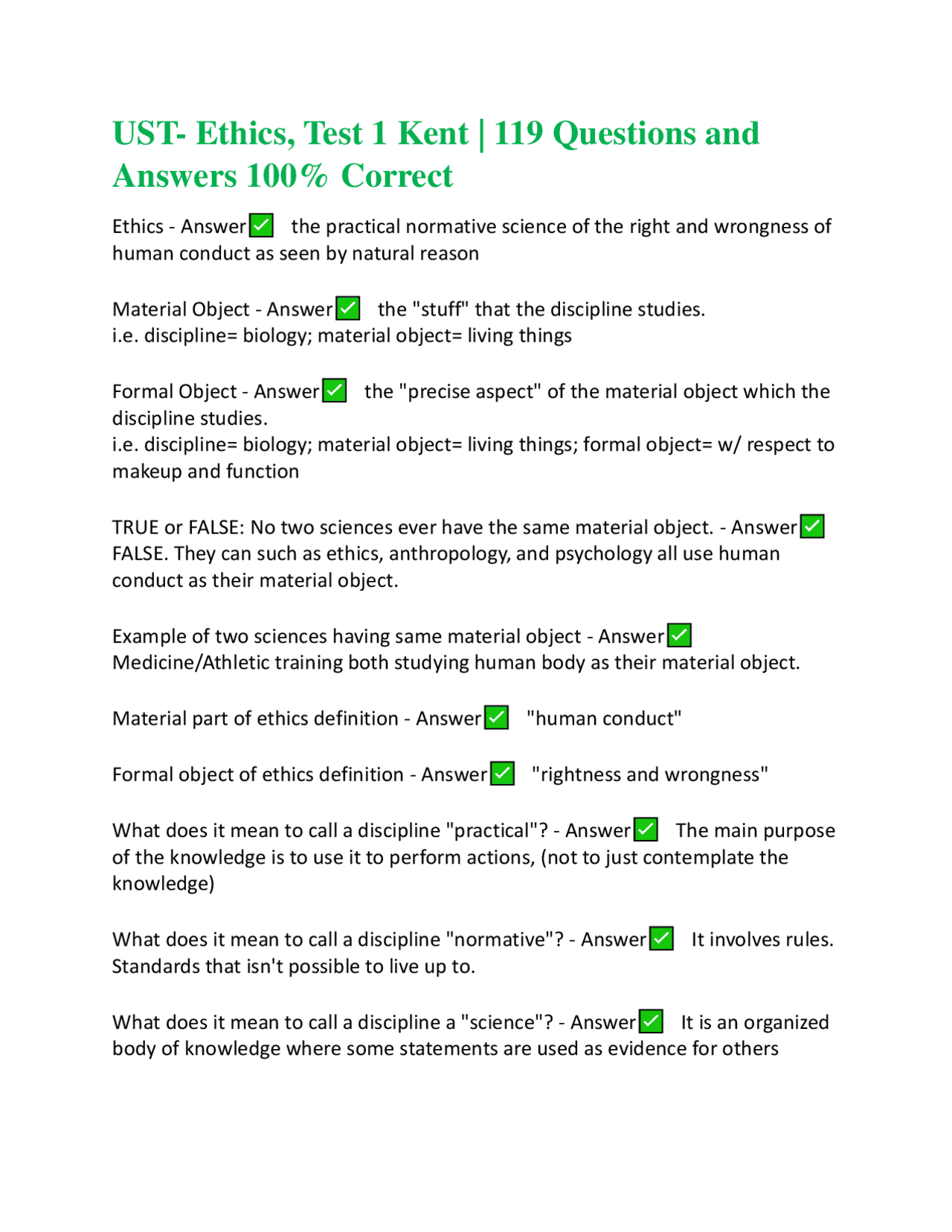 Ethics: Test 1 Questions and Answers - UST Kent | Exams Advanced ...