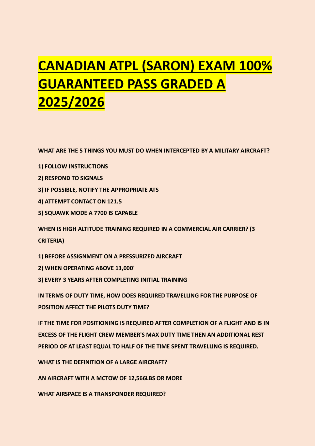 CANADIAN ATPL (SARON) EXAM 100% GUARANTEED PASS GRADED A 2025/2026 ...