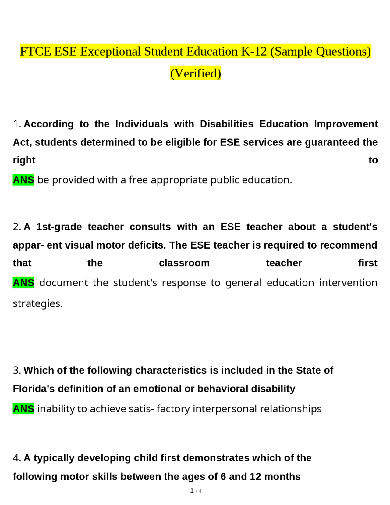 FTCE ESE Exceptional Student Education K-12 tested questions (latest ...
