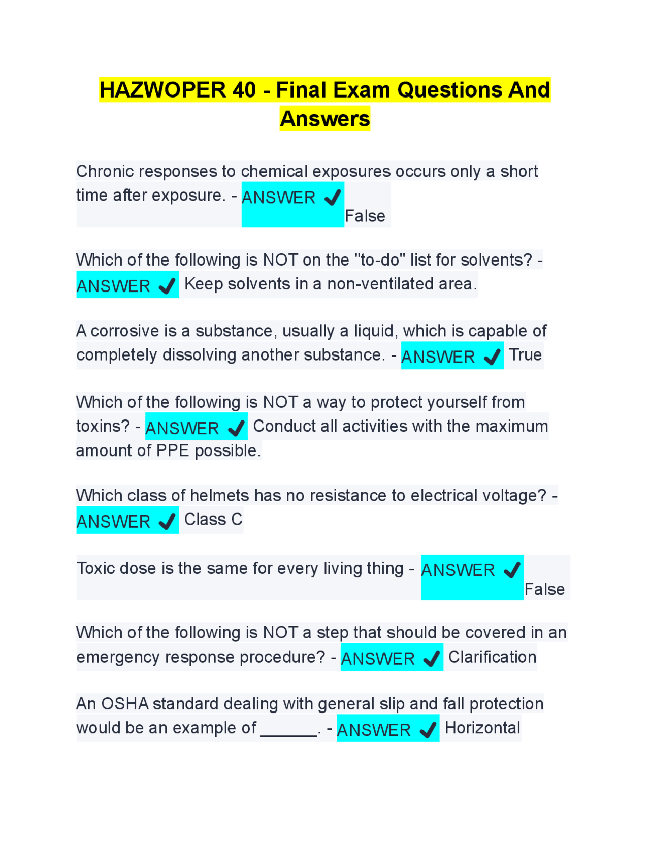 HAZWOPER 40 - Final Exam Questions and Answers | Exams Engineering ...