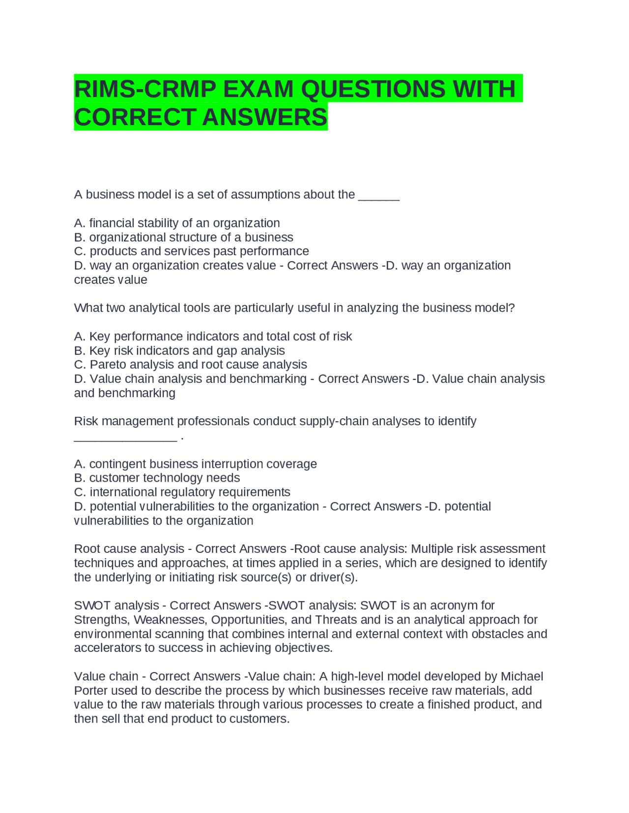 RIMS-CRMP Exam Questions with Correct Answers: Risk Management ...