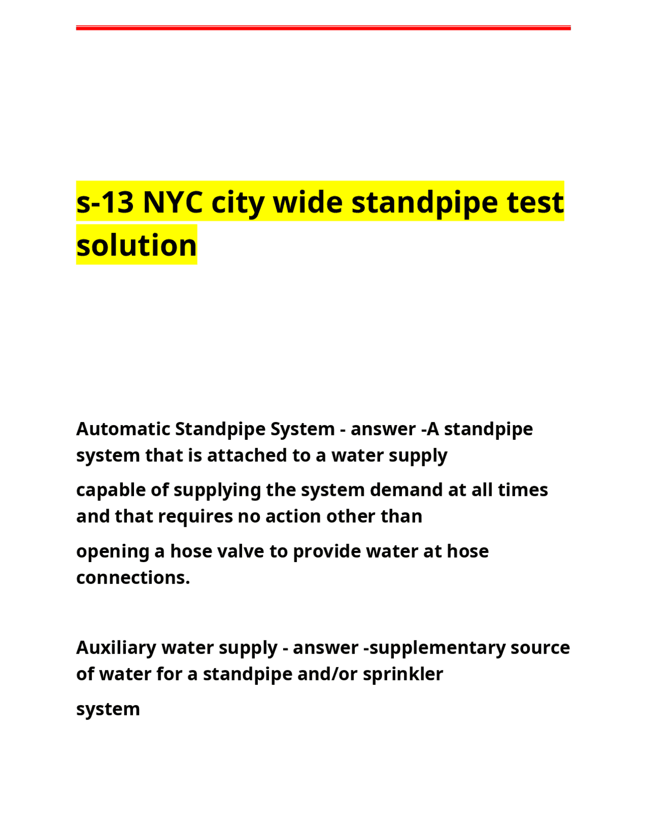 s-13 NYC city wide standpipe test solution.docx | Exams Nursing | Docsity