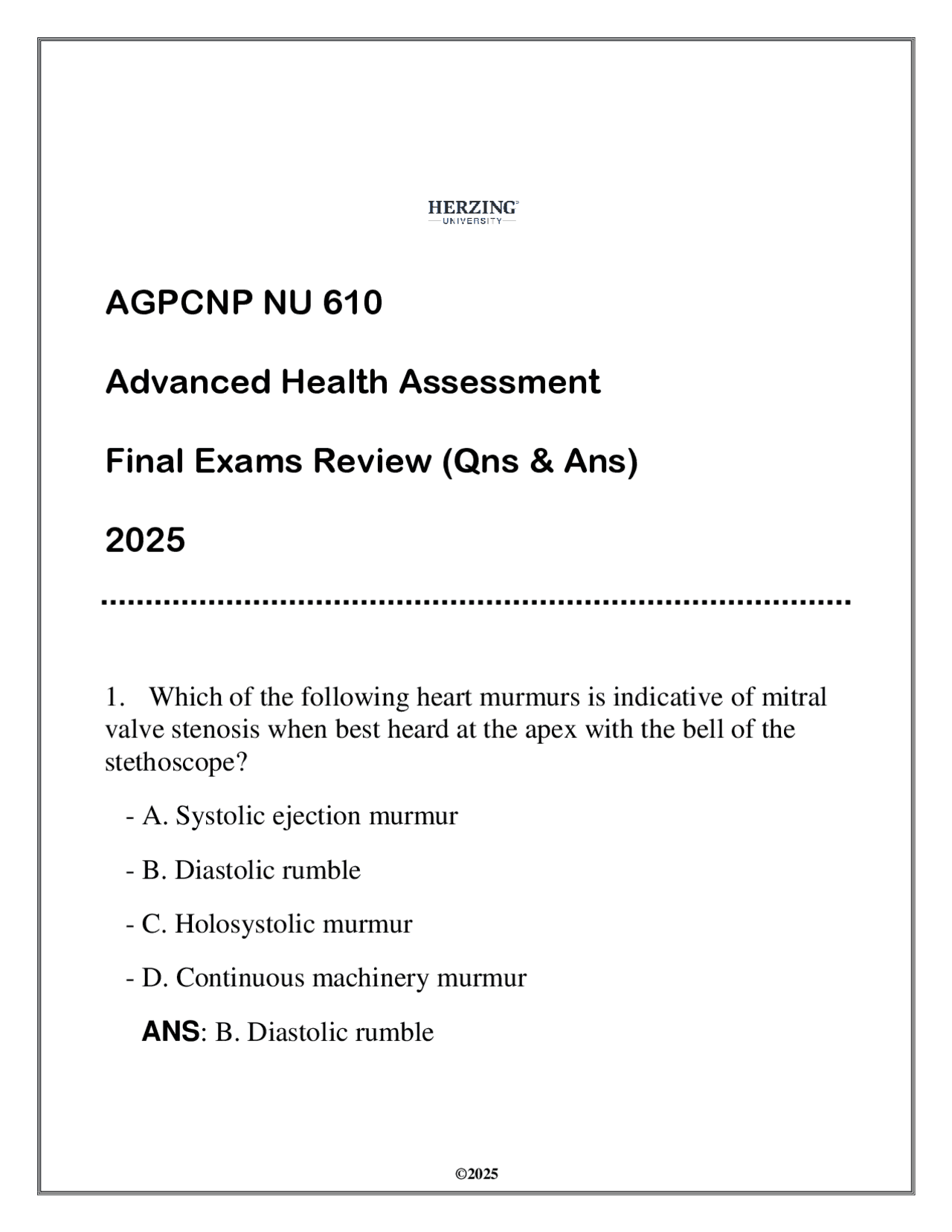 (AGPCNP) NU 610 Advanced Health Assessment Finals Exams Review 2025 ...