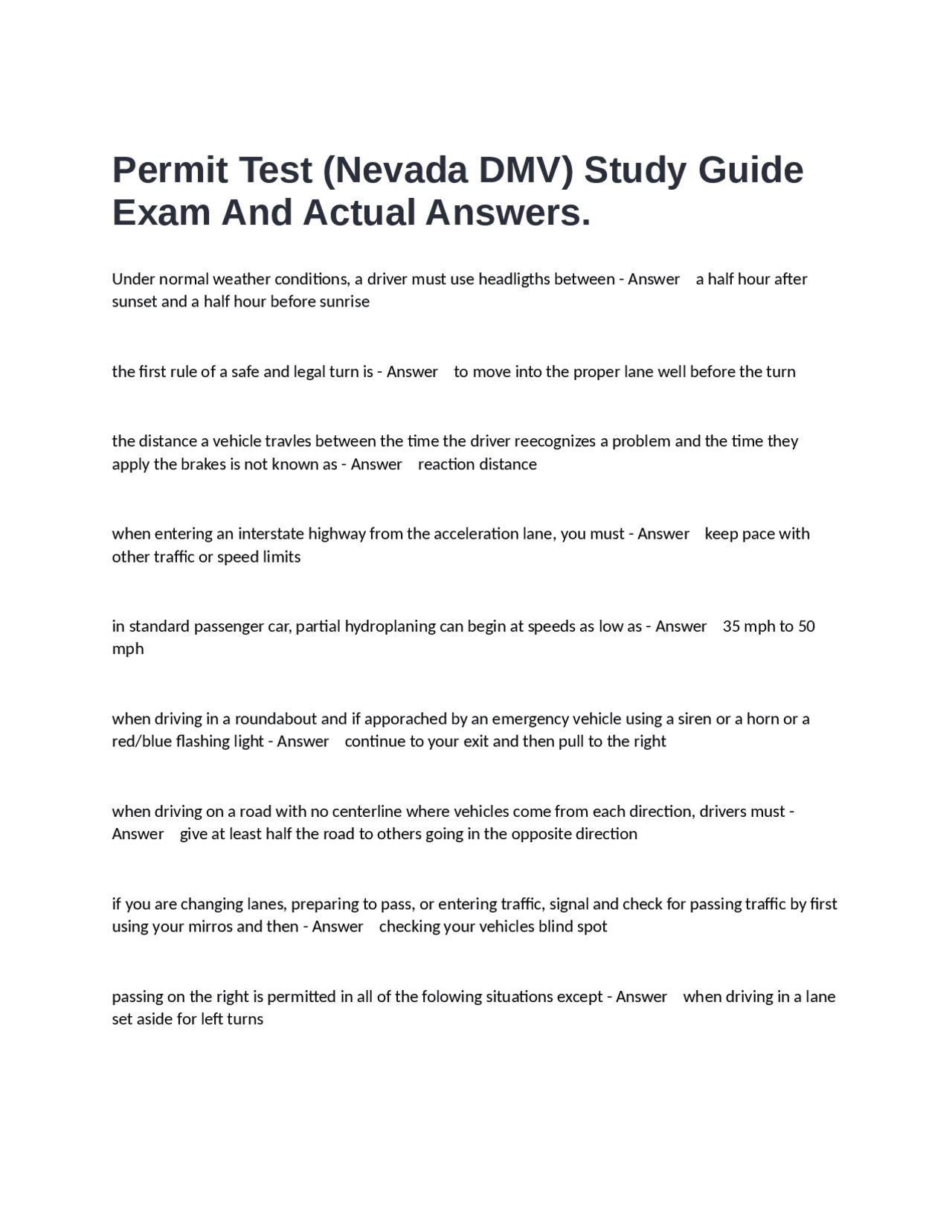 Nevada DMV Permit Test Study Guide: Questions and Answers | Exams Law ...