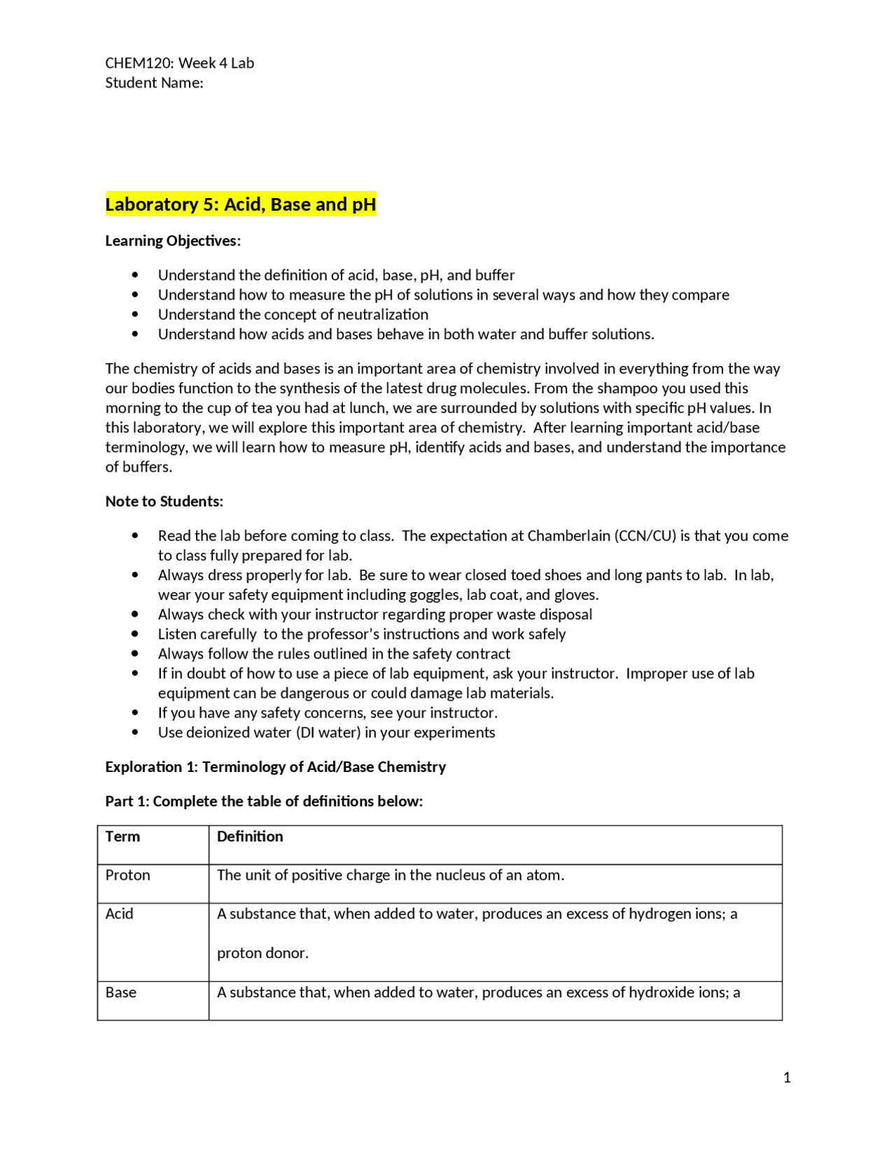 CHEM 120 Unit 4, Lab - Laboratory 5 | Exercises Chemistry | Docsity