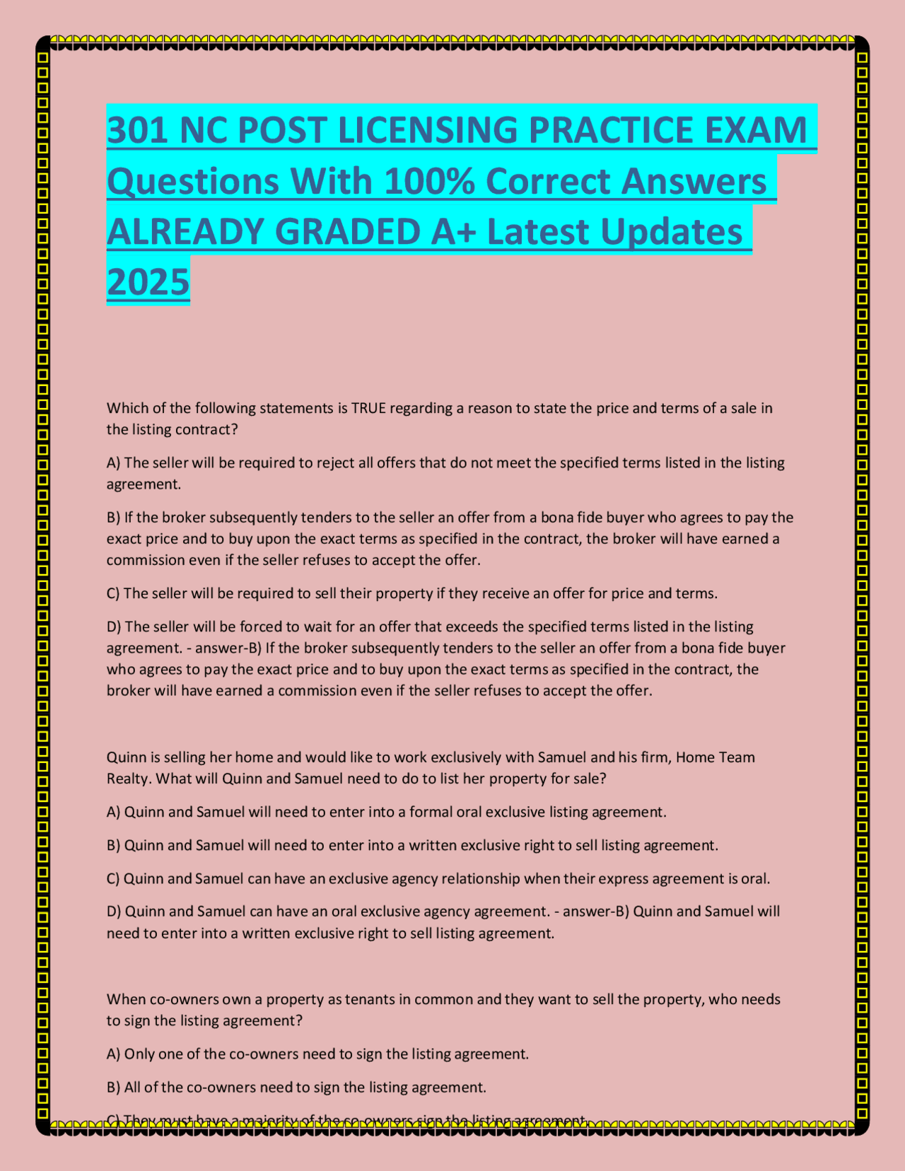 301 NC POST LICENSING PRACTICE EXAM Questions With 100% Correct Answers ALREADY GRADED A+ ...