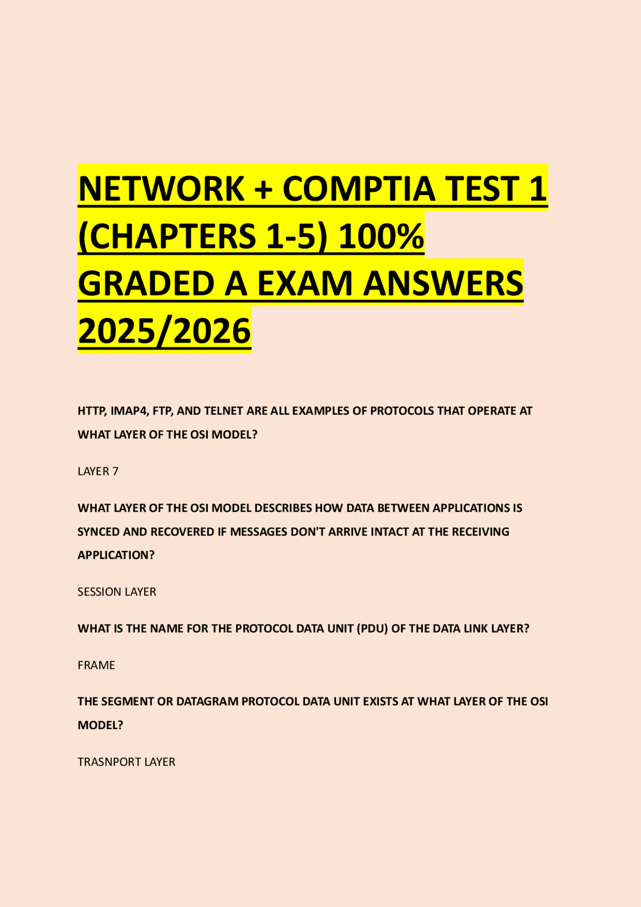 NETWORK + COMPTIA TEST 1 (CHAPTERS 1-5) 100% GRADED A EXAM ANSWERS 2025 ...