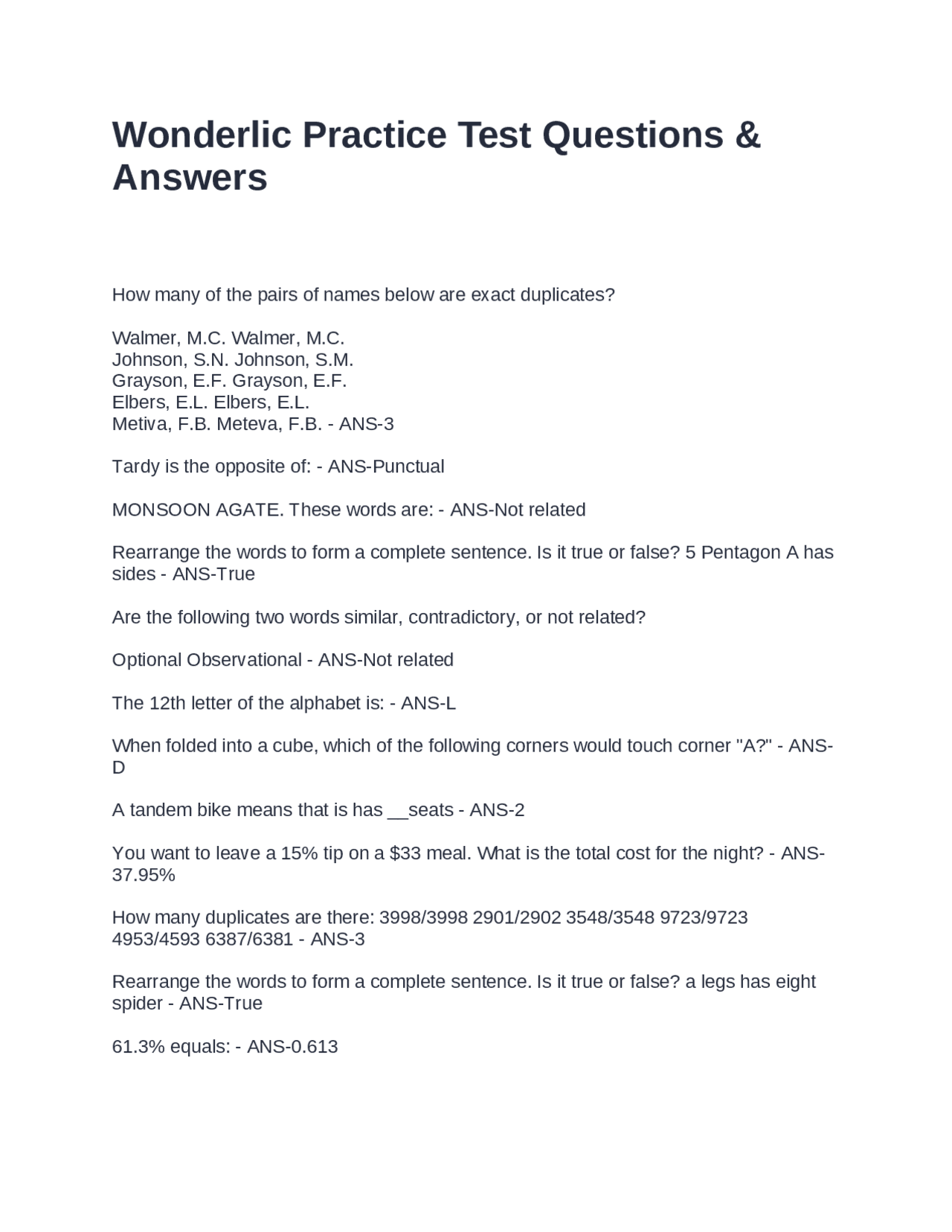 Wonderlic Practice Test Questions and Answers | Exams Nursing | Docsity