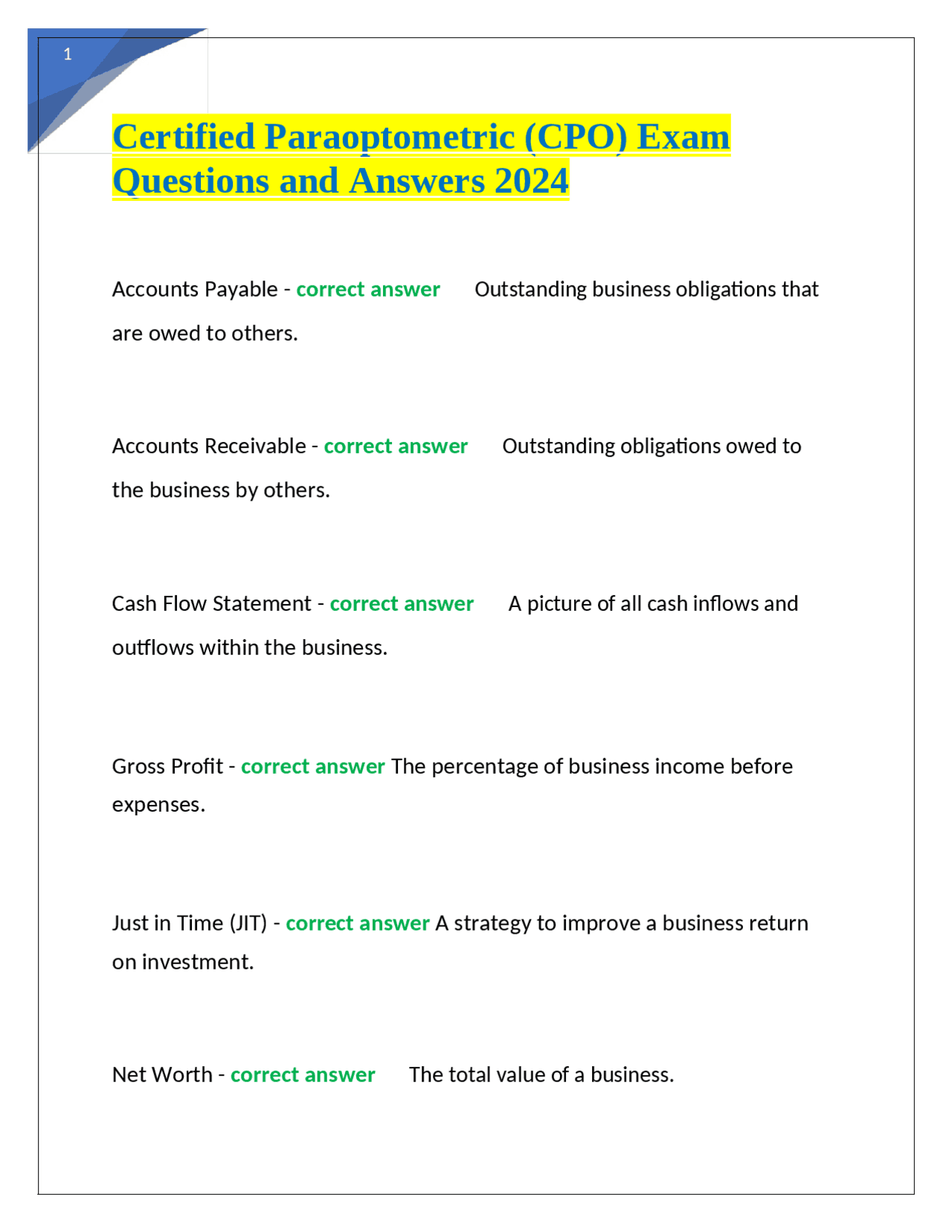 Certified Paraoptometric (CPO) Exam Questions and Answers 2024 | Exams Nursing | Docsity