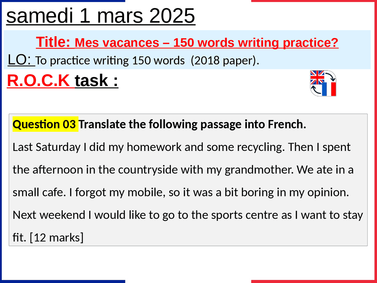 French Writing Practice: 150 Words Task - Holiday Writing | Study notes ...