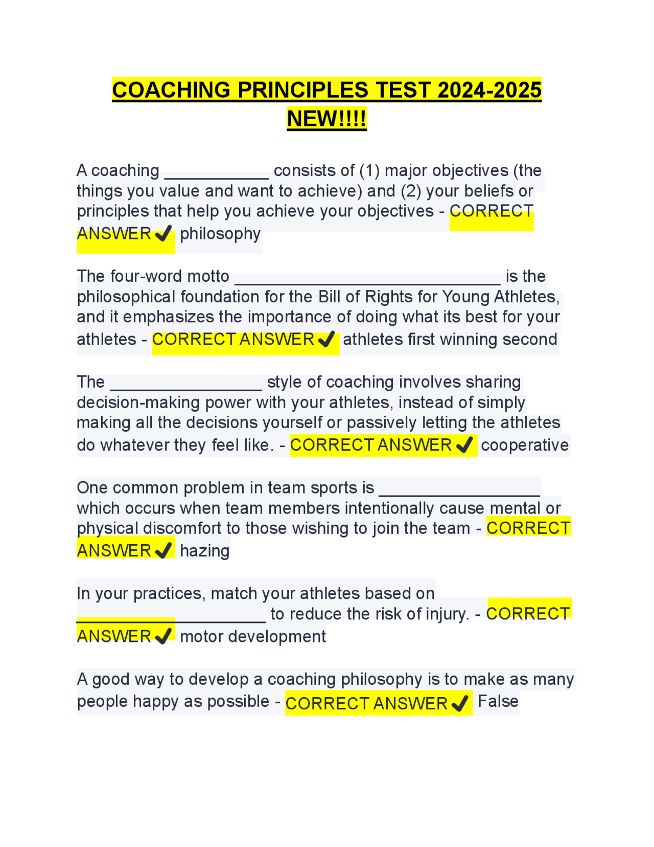 Coaching Principles Test: Multiple Choice Questions and Answers | Exams ...