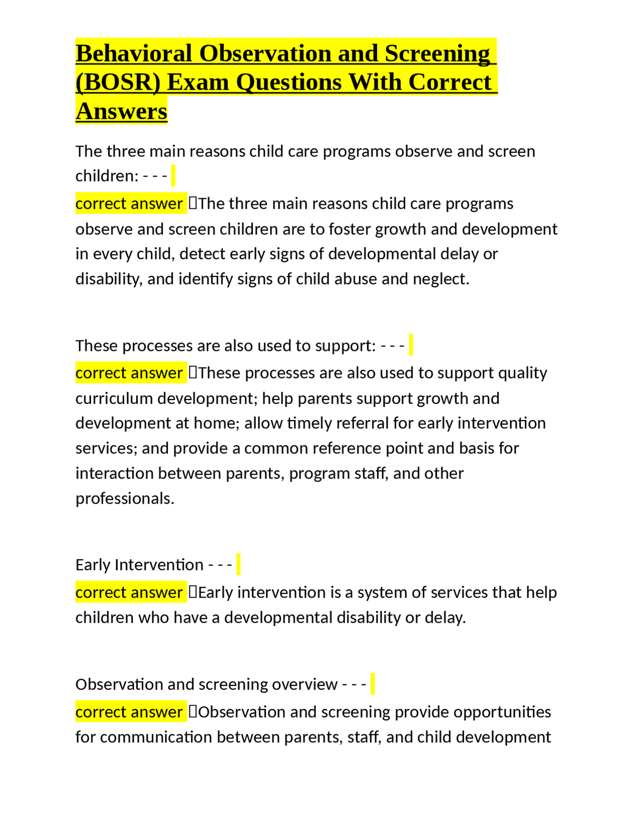 Behavioral Observation and Screening (BOSR) Exam Questions and Answers ...