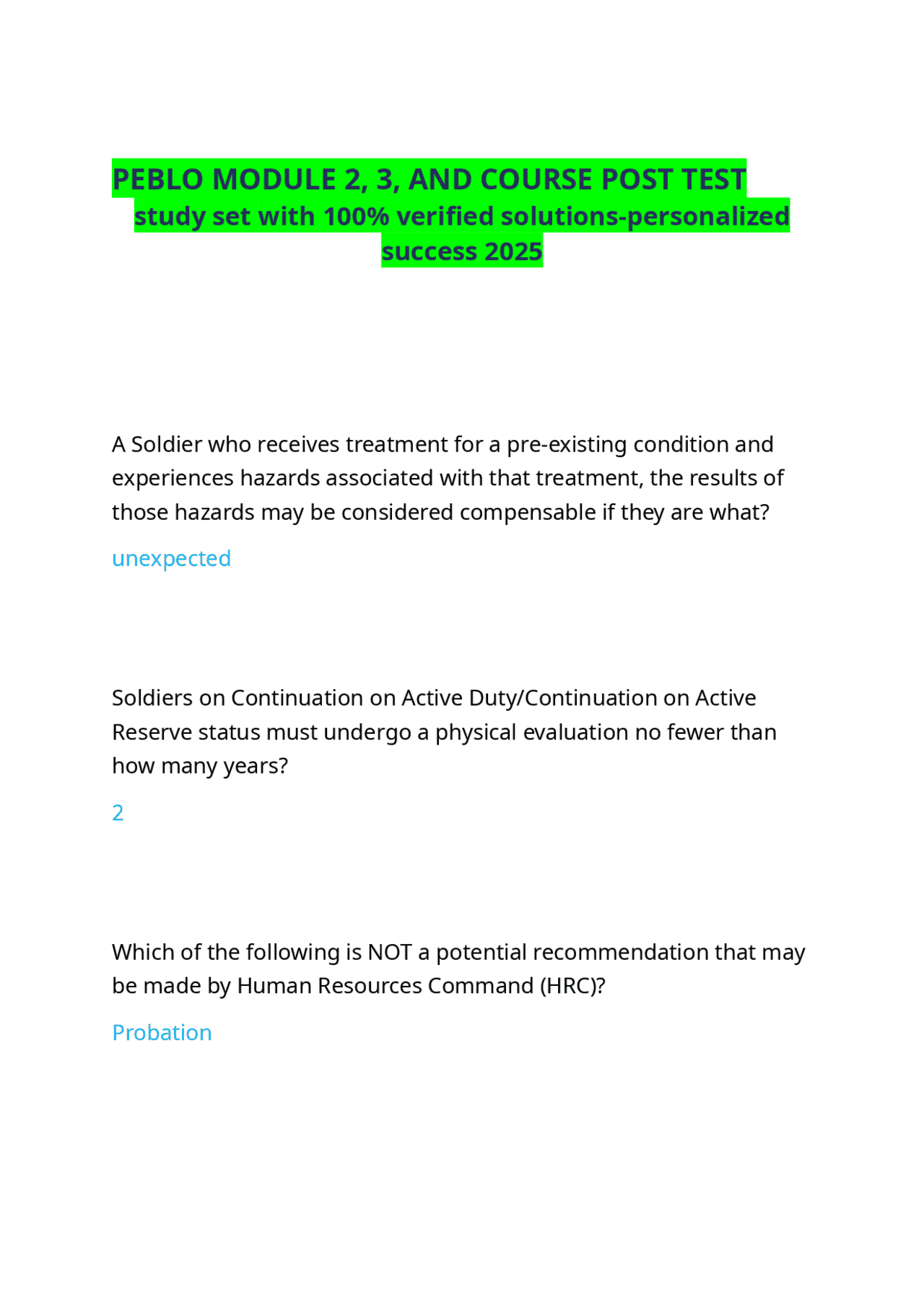 PEBLO MODULE 2, 3, AND COURSE POST TEST study set with 100% verified ...