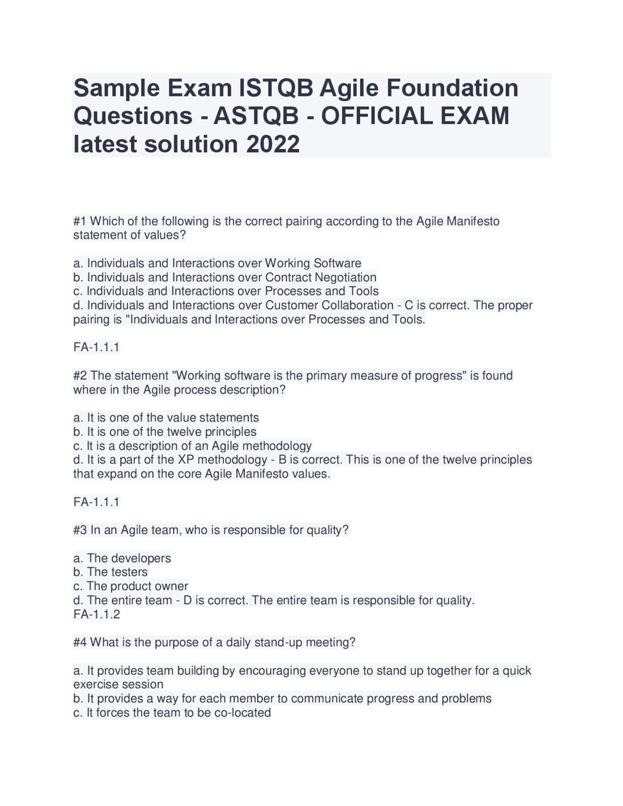 Sample Exam ISTQB Agile Foundation Questions - ASTQB - OFFICIAL EXAM ...