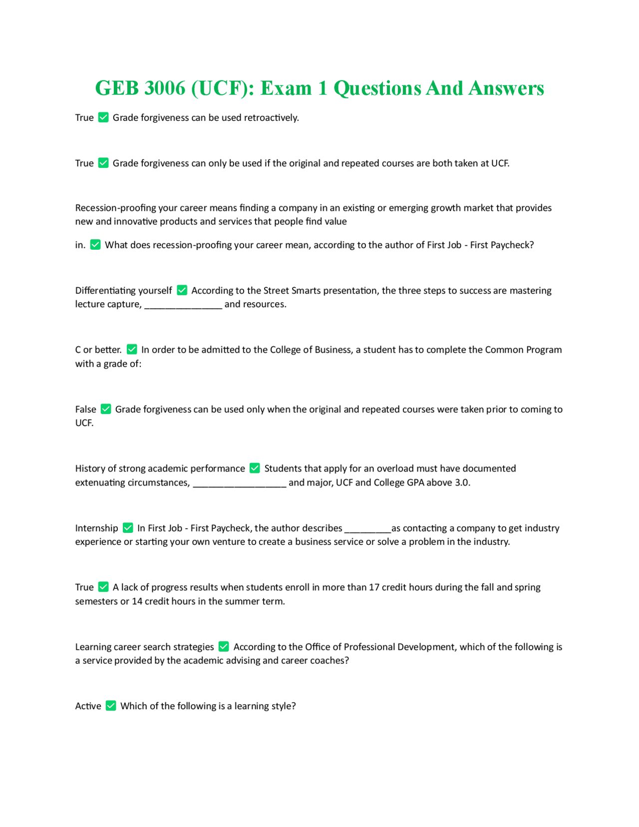 GEB 3006 (UCF): Exam 1 Questions and Answers | Exams Advanced Education | Docsity