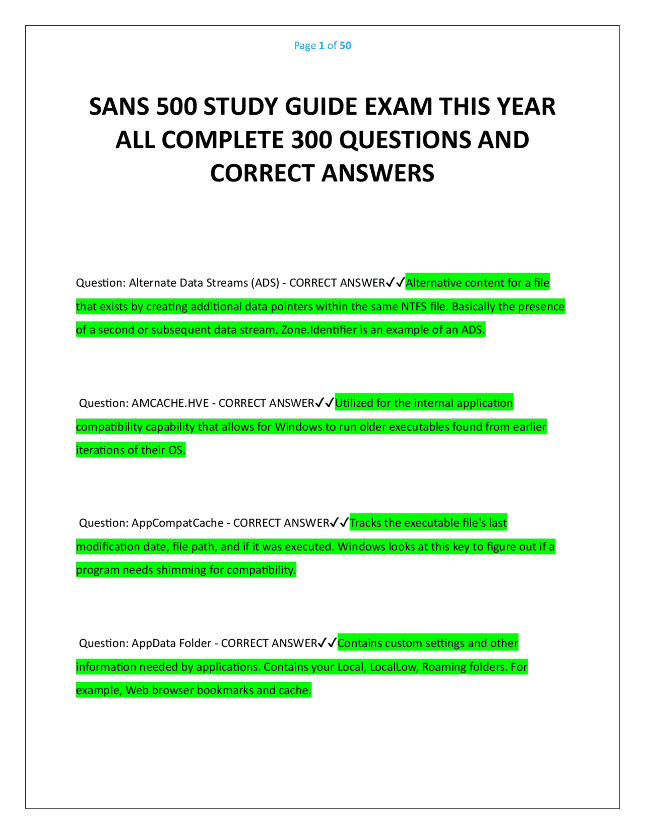 SANS 500 Study Guide: Exam Questions and Answers | Exams Nursing | Docsity