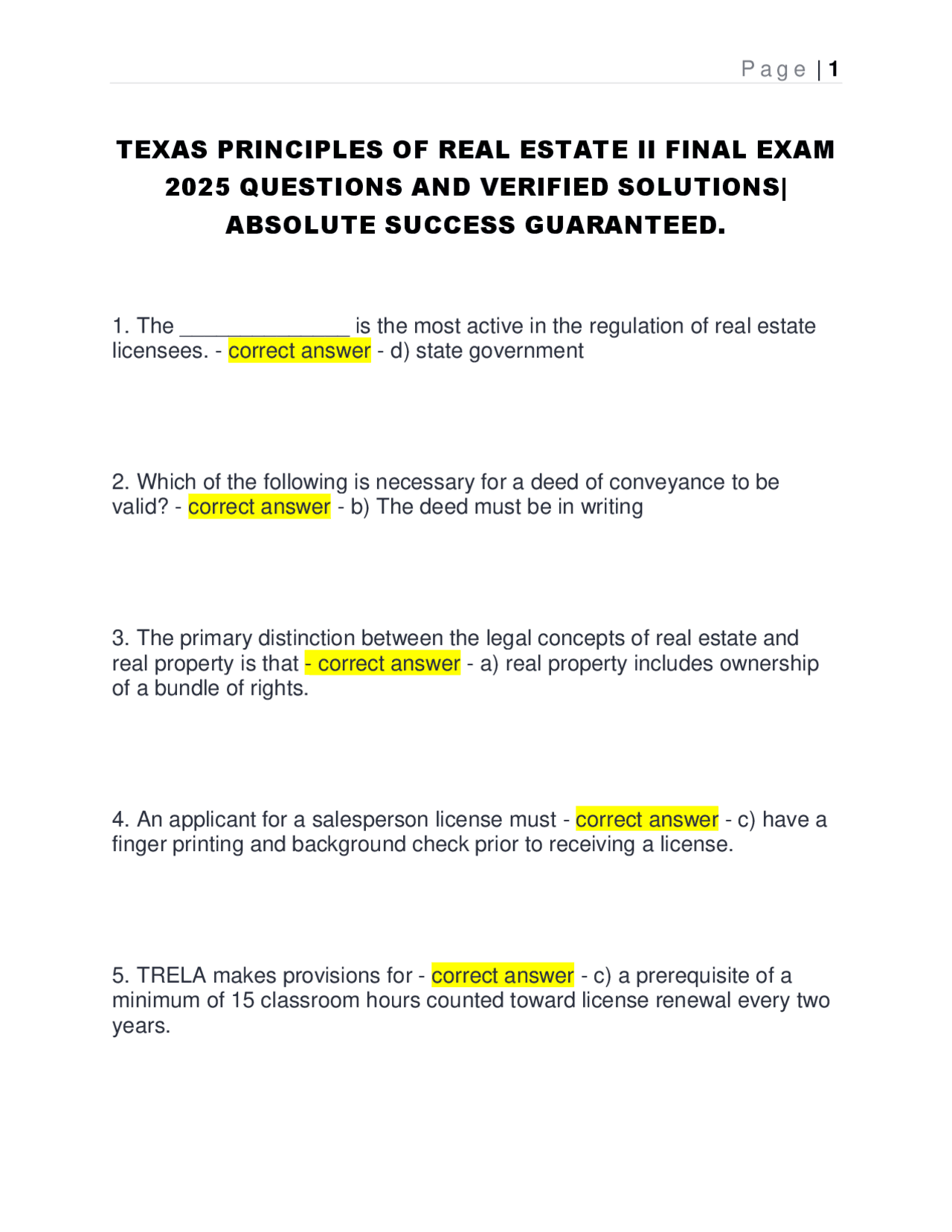Texas Principles of Real Estate II Final Exam: 2025 Questions and ...