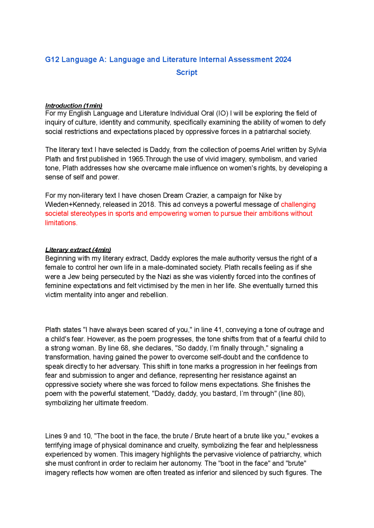 IB English IO Script (Scored 35/40) | High school final essays English ...