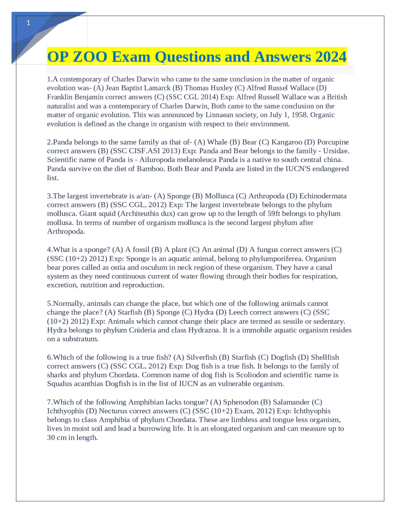 OP ZOO Exam Questions and Answers 2024: A Comprehensive Guide to Animal ...