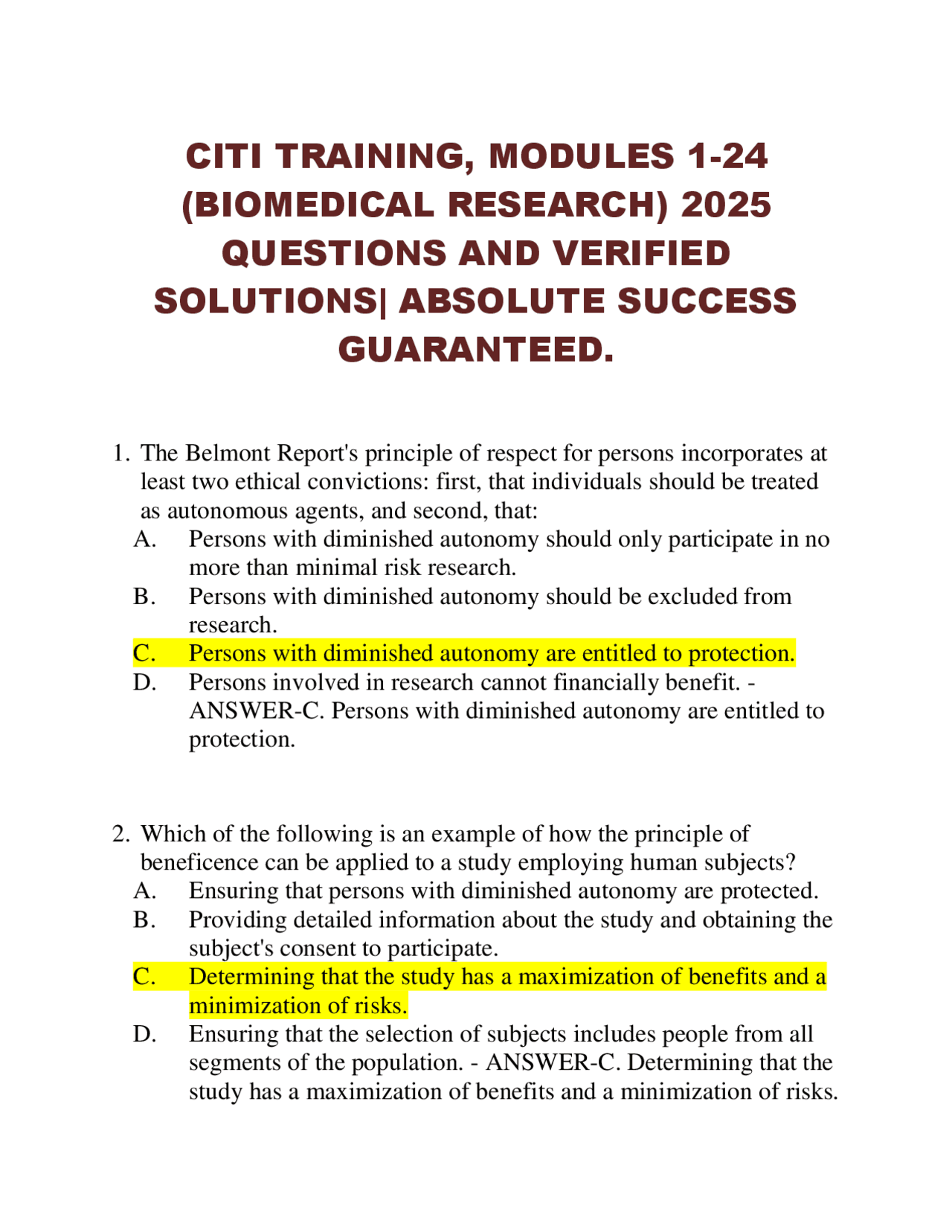 CITI TRAINING, MODULES 1-24 (BIOMEDICAL RESEARCH) 2025 QUESTIONS AND ...
