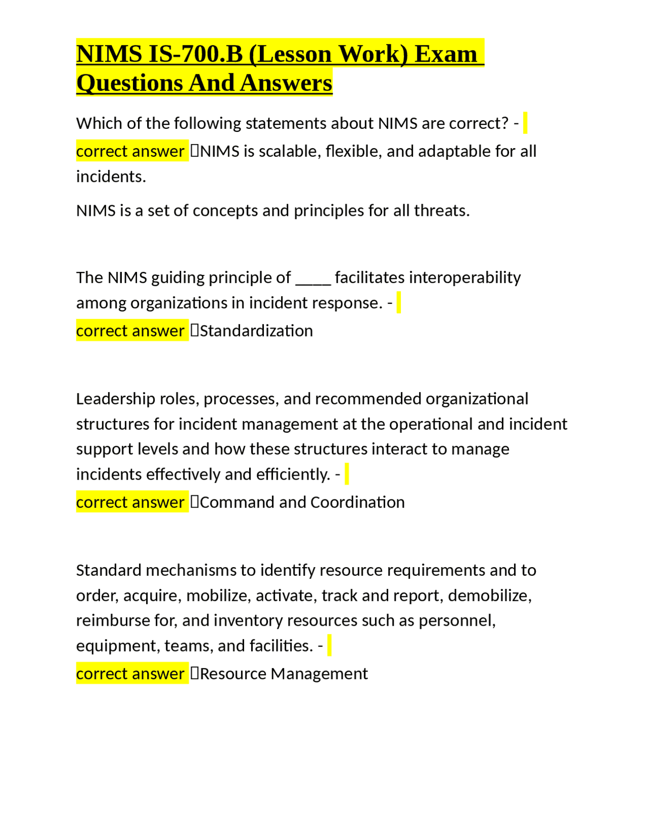 NIMS IS-700.B (Lesson Work) Exam Questions And Answers | Exams Service ...