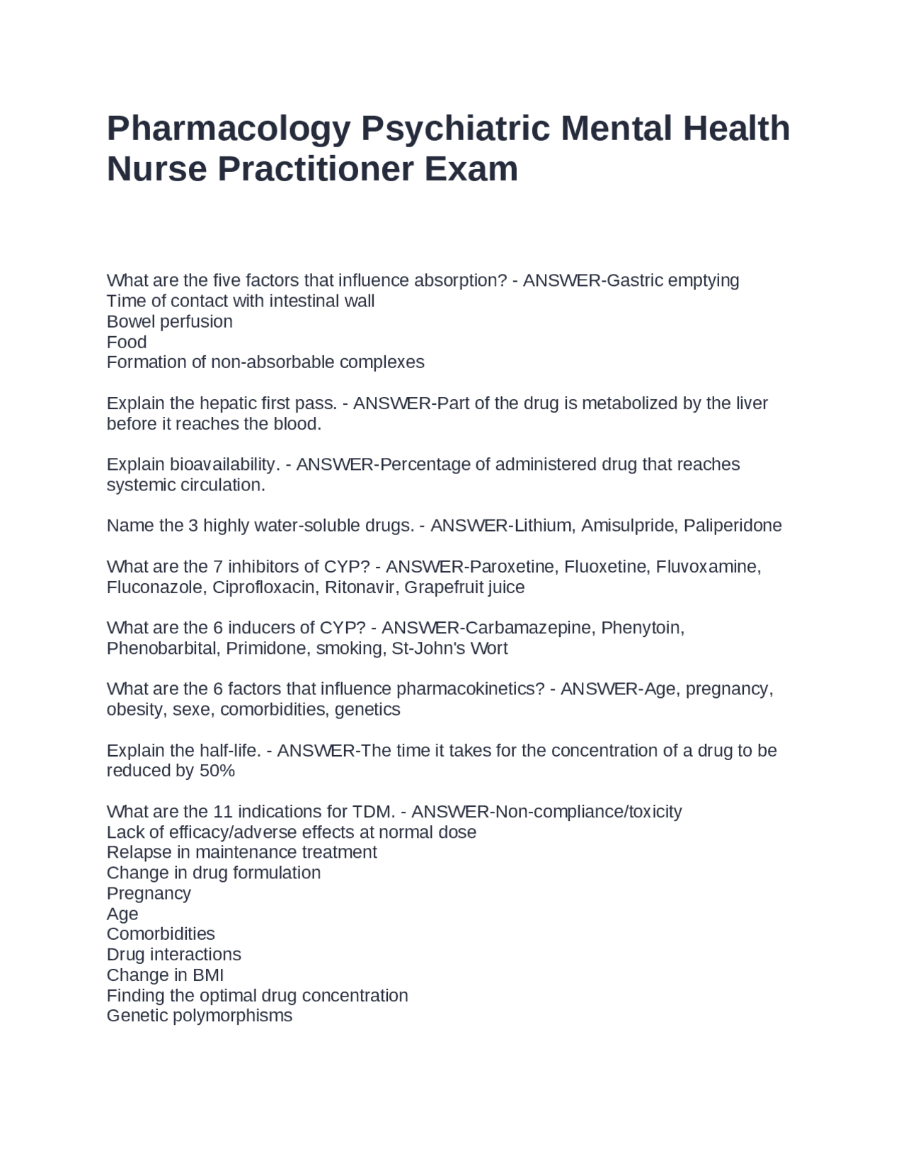 Pharmacology Psychiatric Mental Health Nurse Practitioner Exam ...