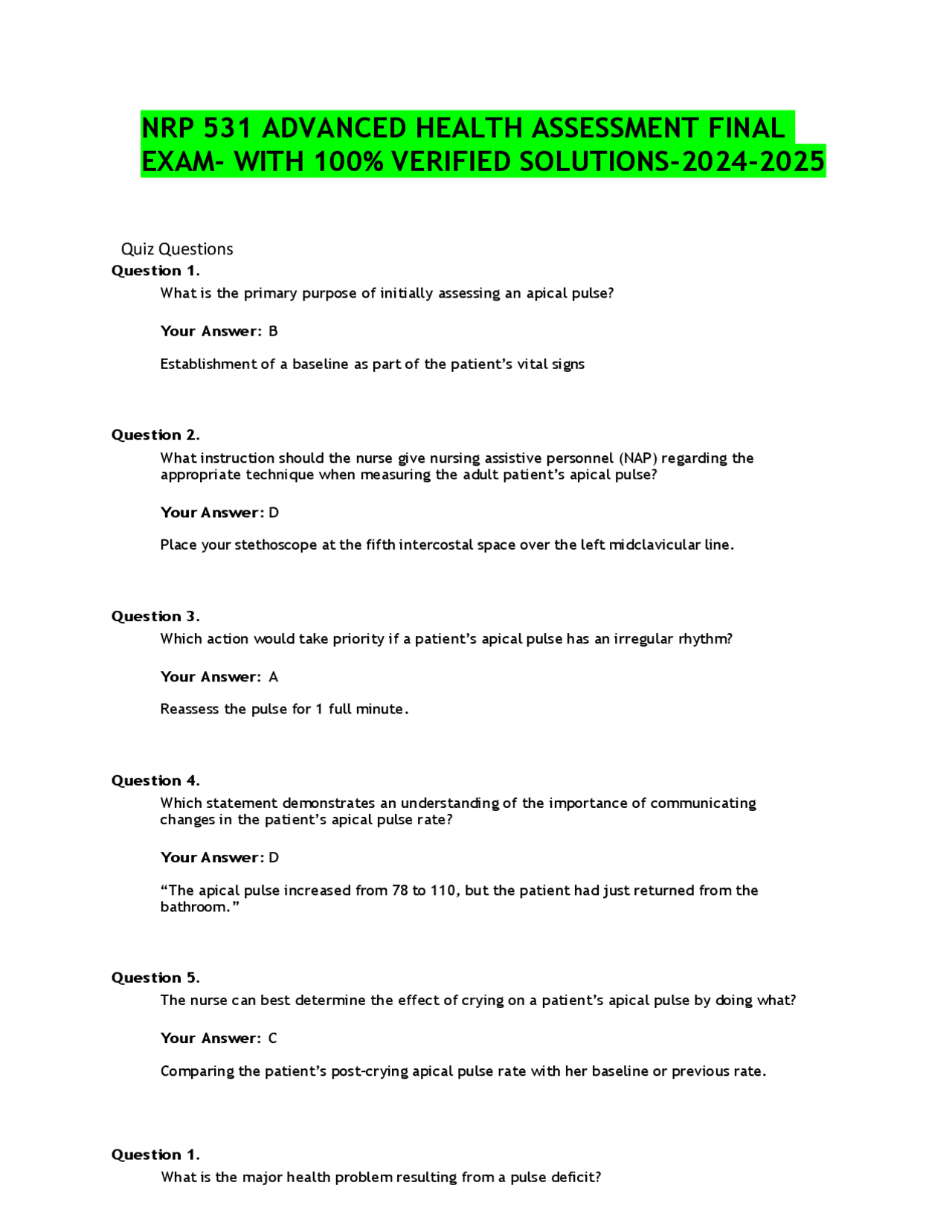 NRP 531 ADVANCED HEALTH ASSESSMENT FINAL EXAM- WITH 100% VERIFIED ...