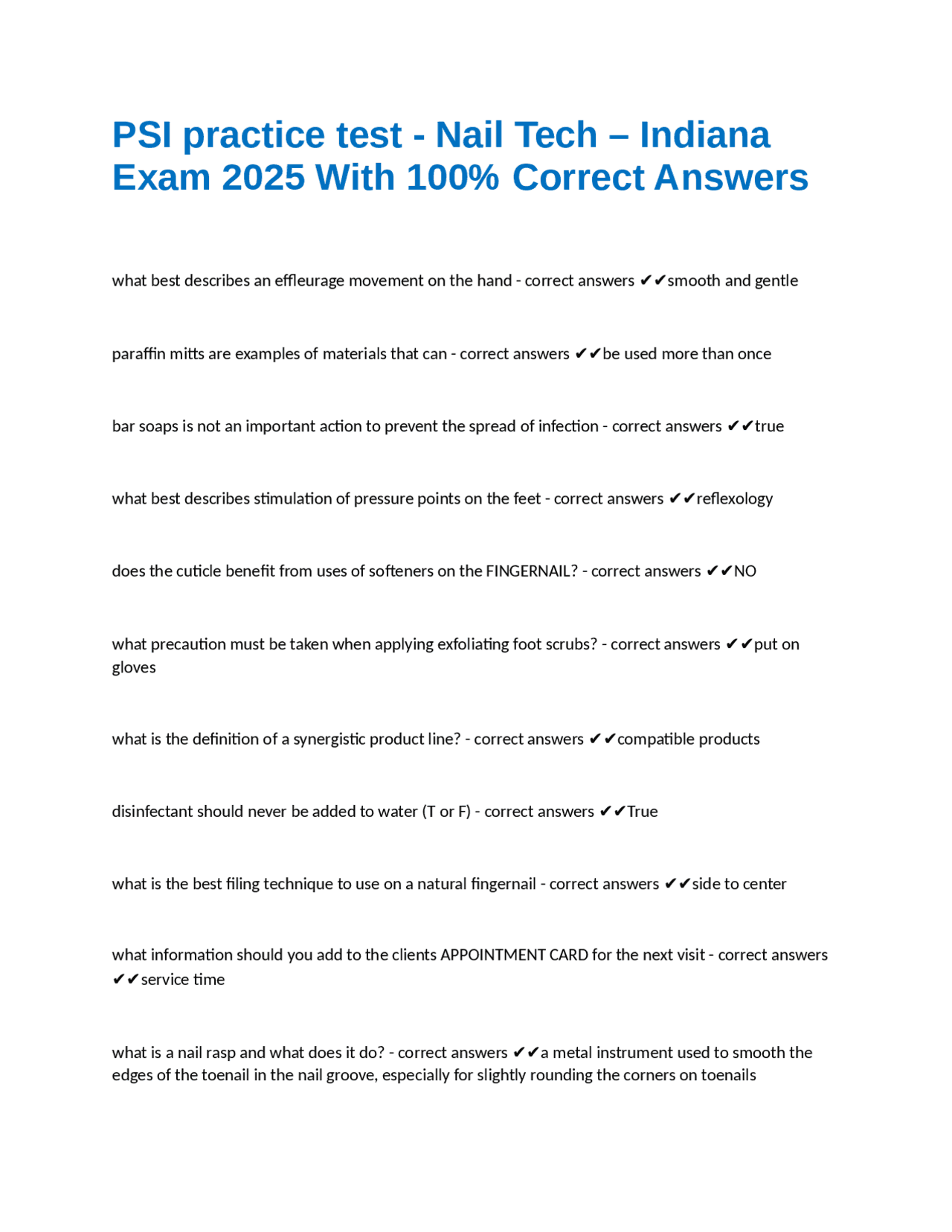 PSI Practice Test - Nail Tech - Indiana: Exam 2025 with 100% Correct ...
