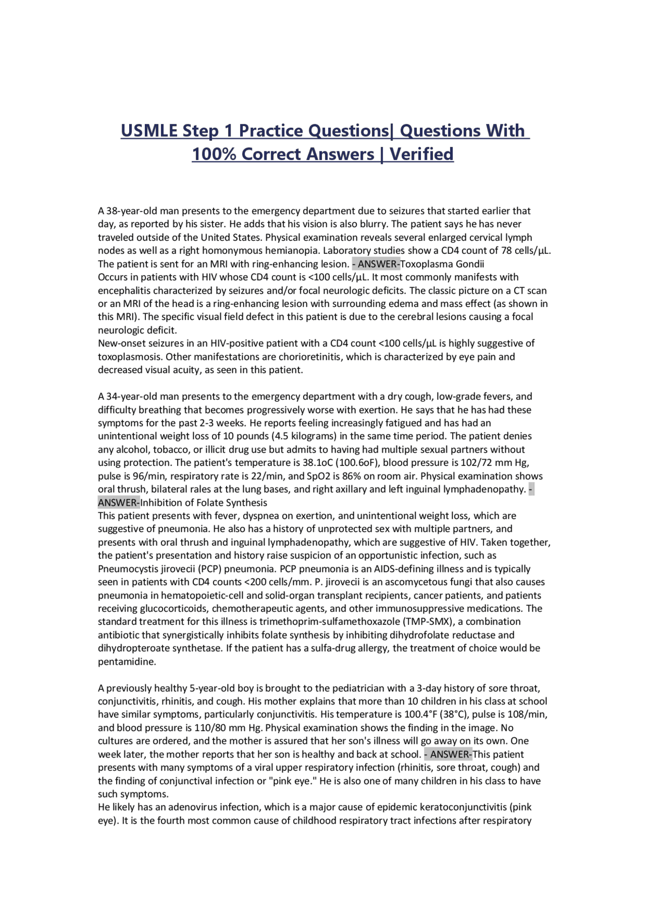 USMLE Step 1 Practice Questions| Questions With 100% Correct Answers ...