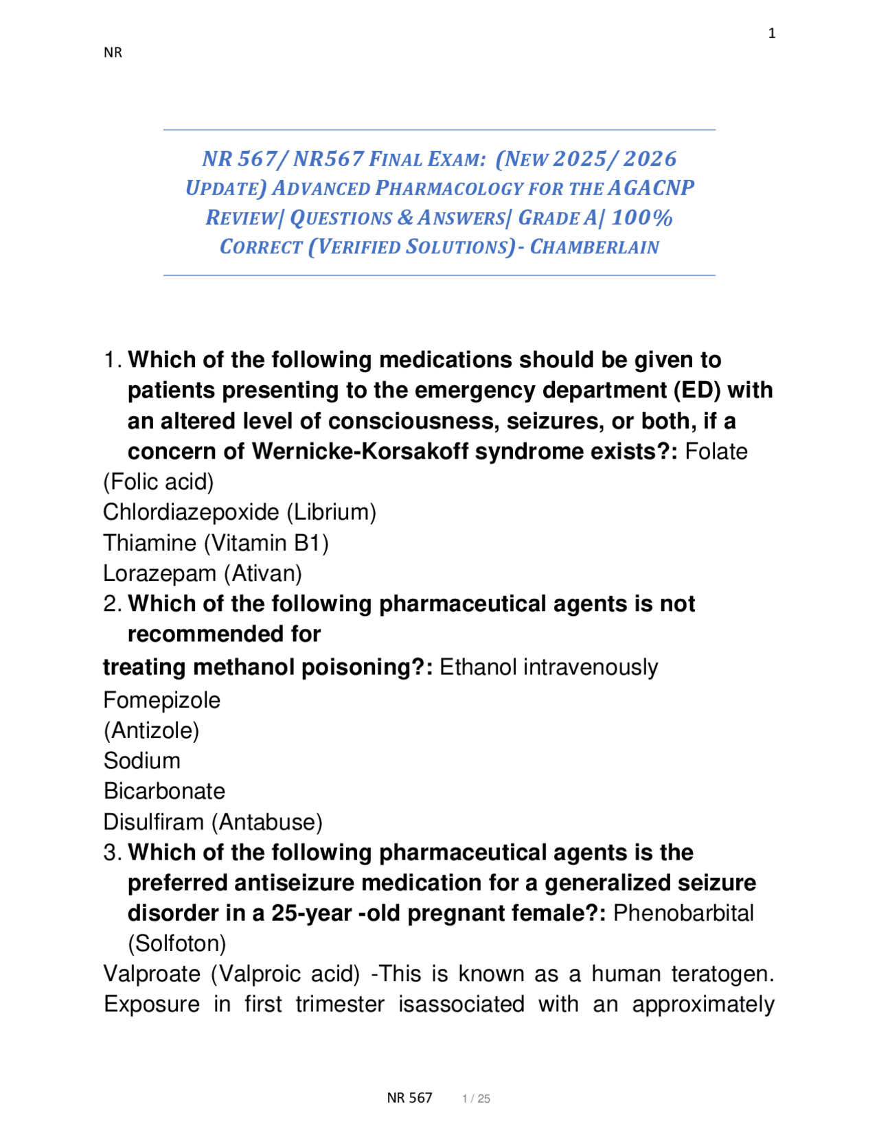 NR 567 NR567 FINAL EXAM (NEW 2025-2026 UPDATE) ADVANCED PHARMACOLOGY ...