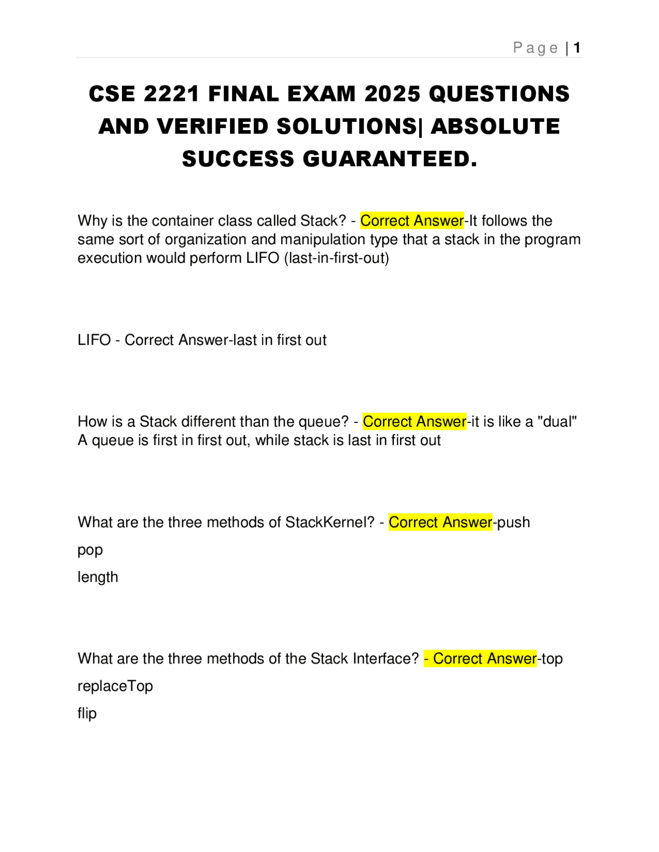 CSE 2221 Final Exam 2025: Stack, Map, and GUI Concepts with Verified ...