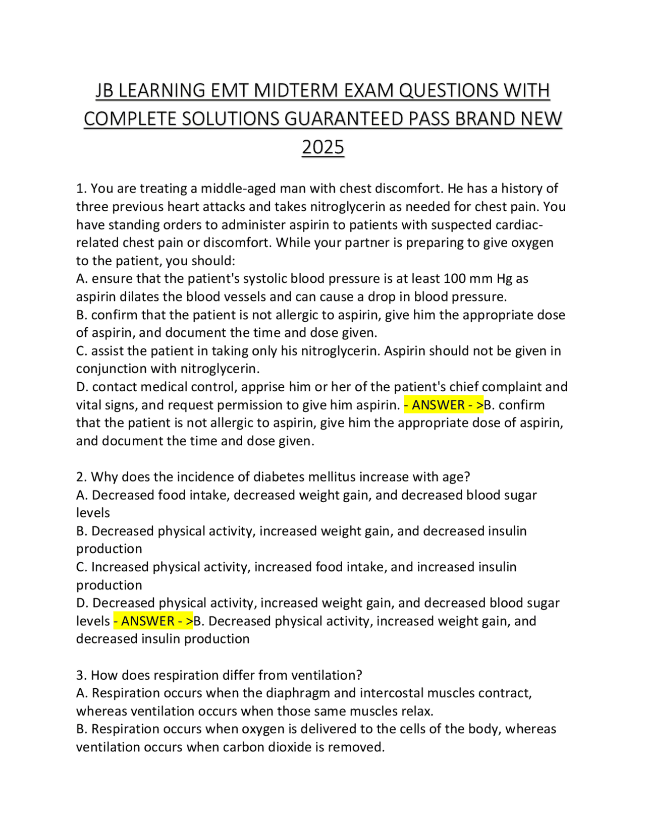 JB LEARNING EMT MIDTERM EXAM QUESTIONS WITH COMPLETE SOLUTIONS GUARANTEED PASS BRAND NEW | Exams ...