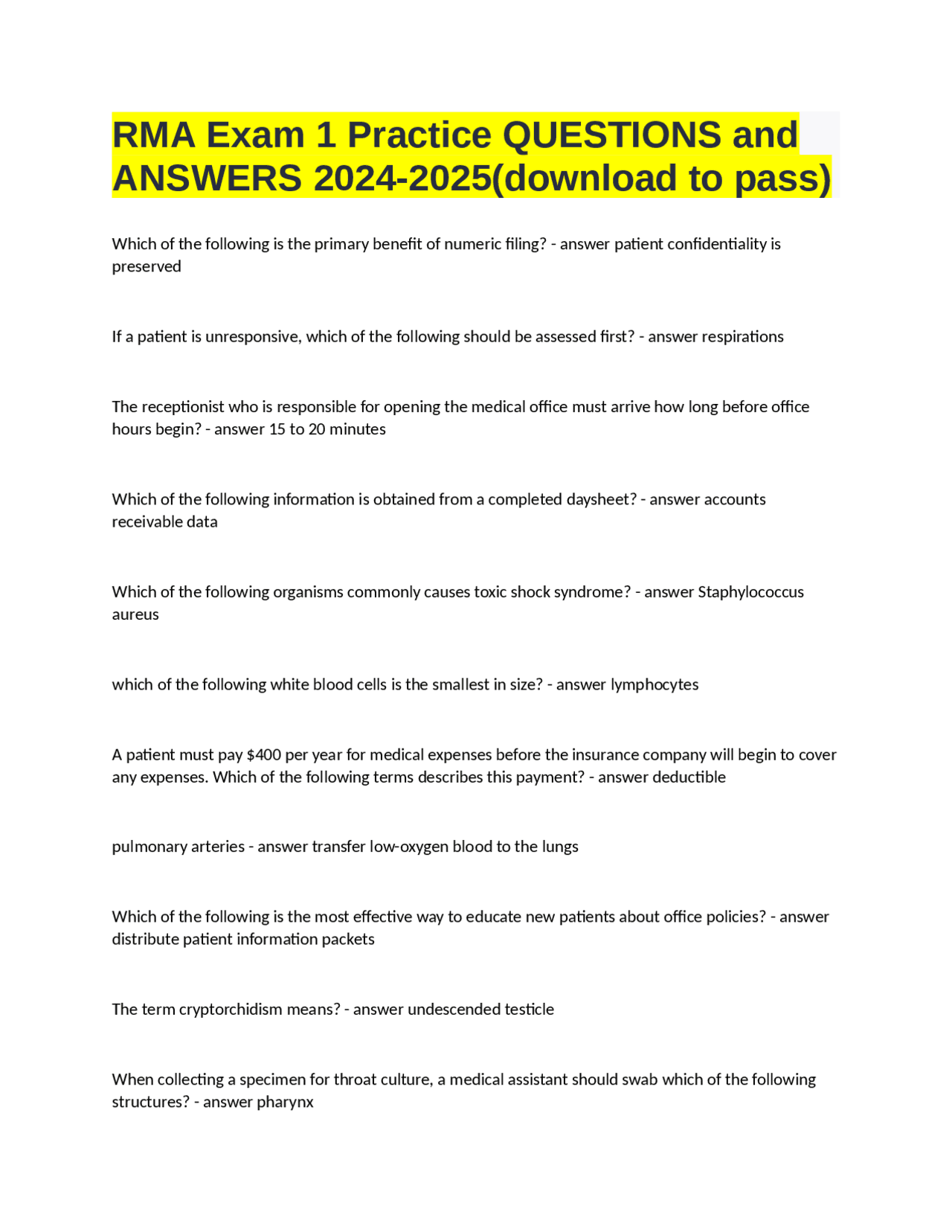 RMA Exam 1 Practice QUESTIONS and ANSWERS 2024-2025(download to pass ...