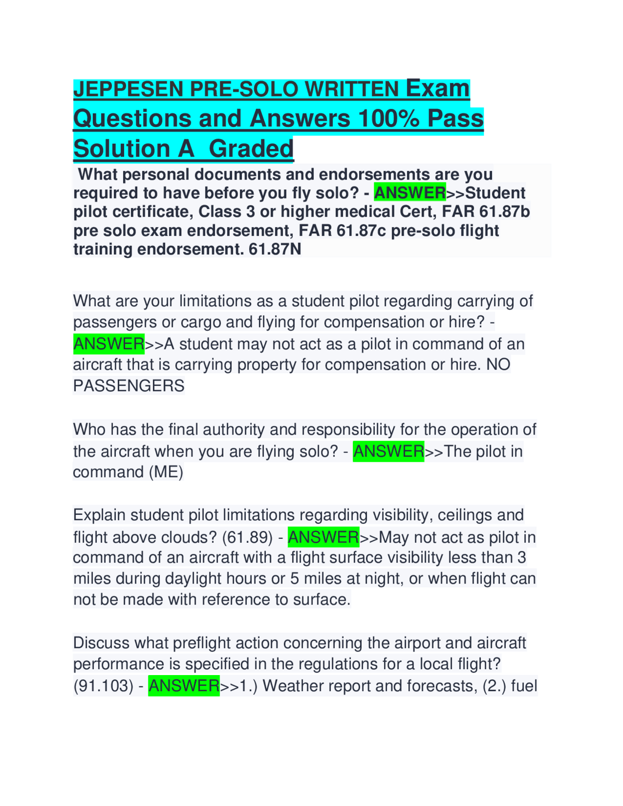 Pre-Solo Written Exam Questions and Answers for Aviation Students ...
