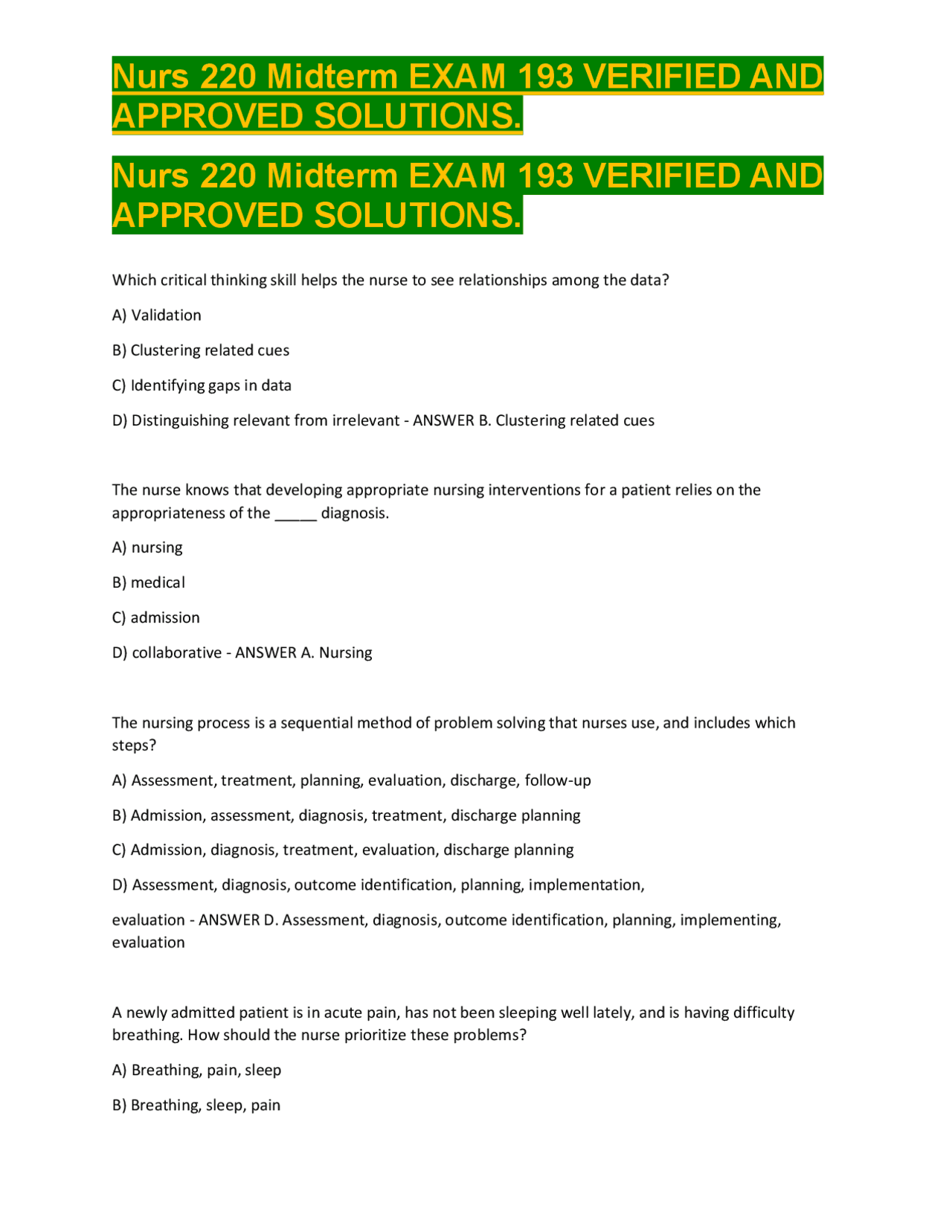 Nurs 220 Midterm Exam 193: Nursing Process, Critical Thinking, and ...