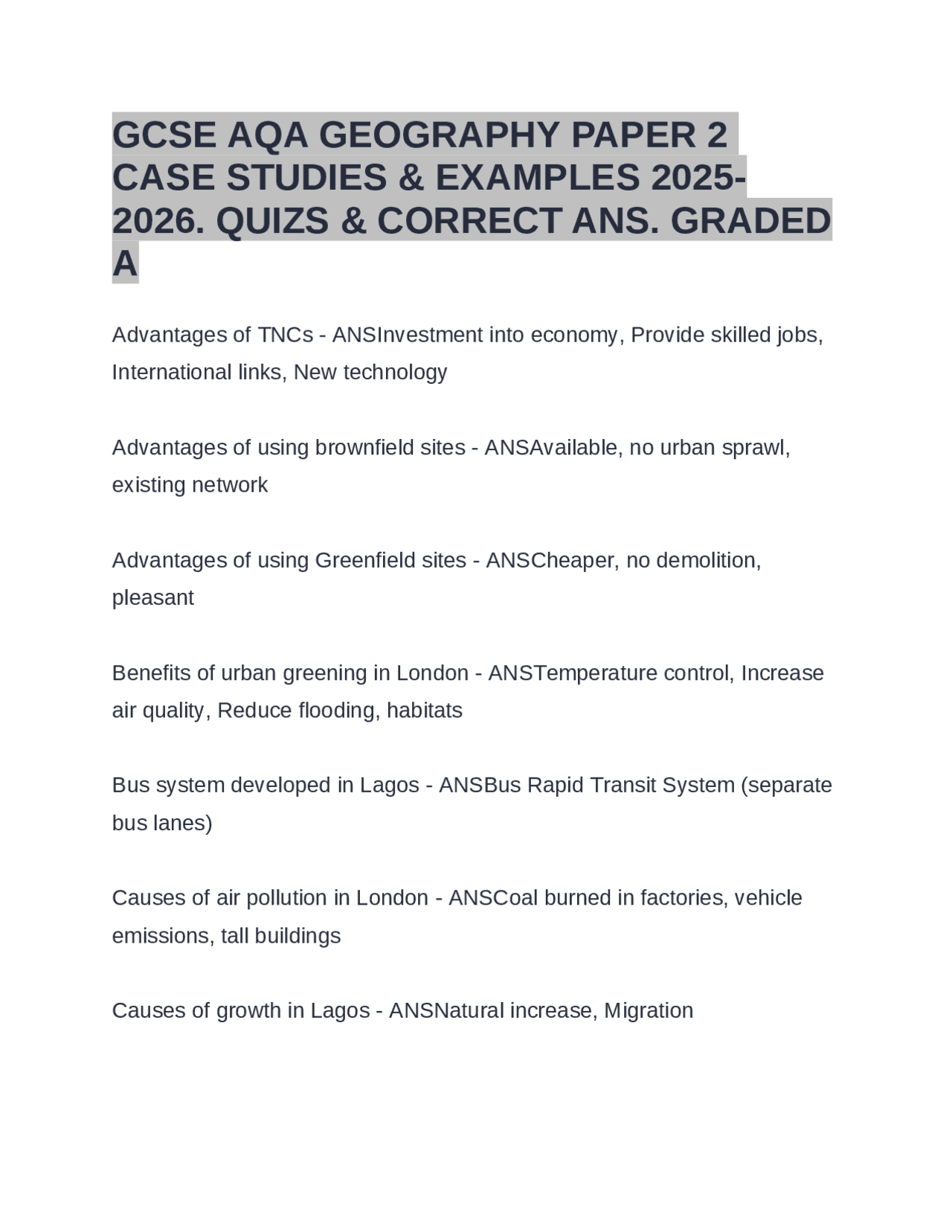 GCSE AQA GEOGRAPHY PAPER 2 CASE STUDIES & EXAMPLES 2025-2026. QUIZS ...