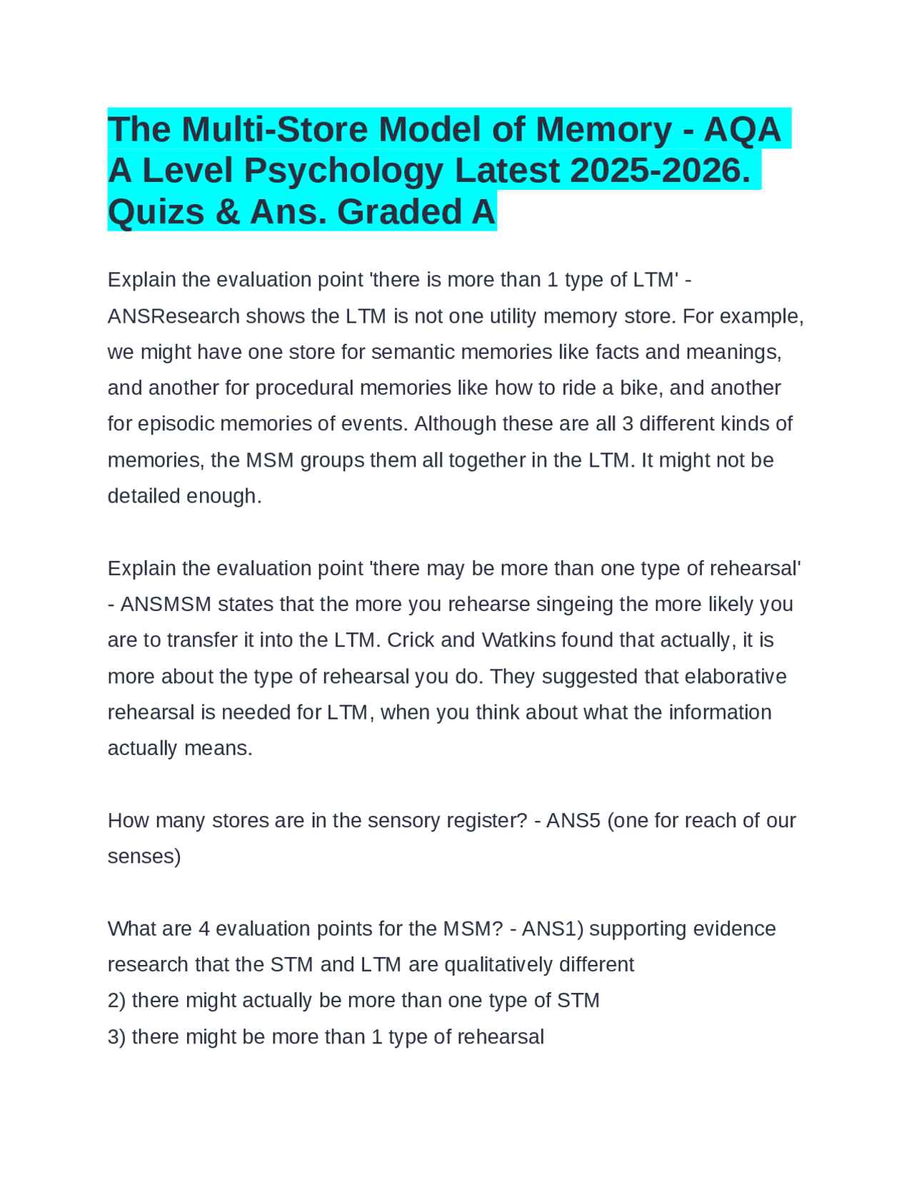 Multi-Store Model of Memory: AQA A Level Psychology Quiz | Exams ...