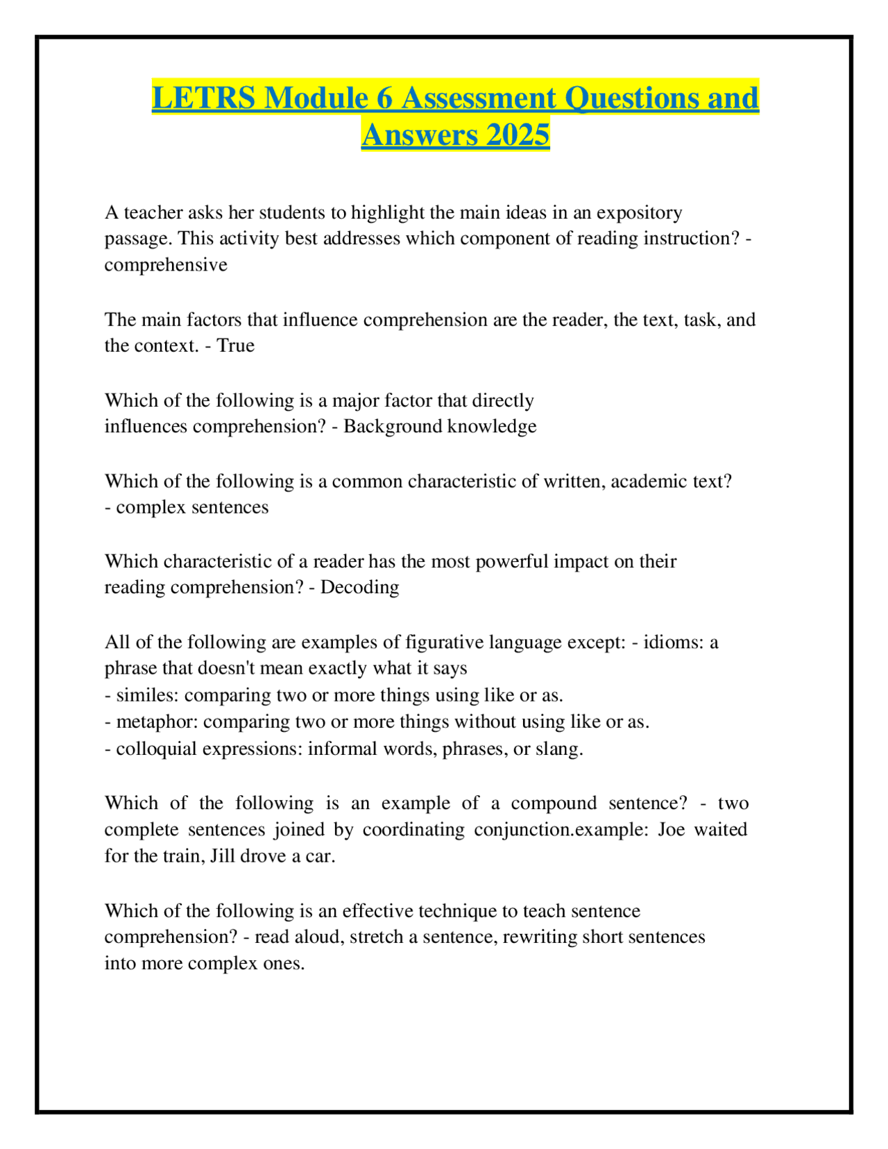 LETRS Module 6 Assessment Questions and Answers 2025 | Exams Nursing ...