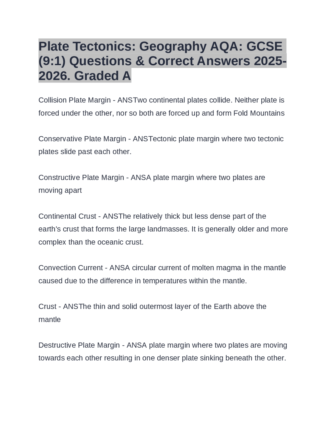 Plate Tectonics: Geography AQA: GCSE (9:1) Questions & Correct Answers ...