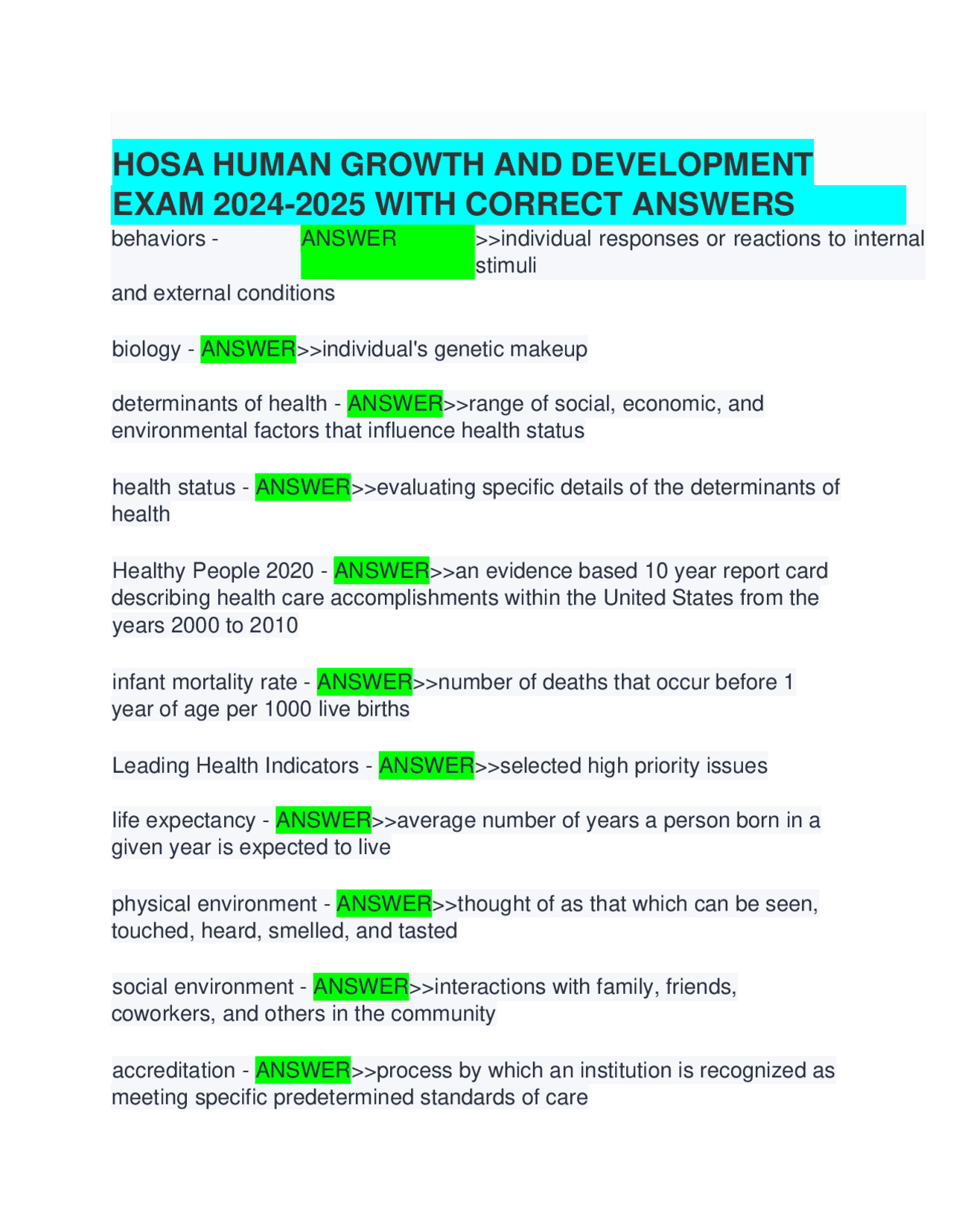 HOSA HUMAN GROWTH AND DEVELOPMENT EXAM 2024-2025 WITH CORRECT ANSWERS ...