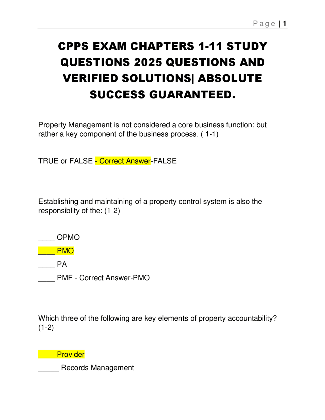 CPPS Exam Chapters 1-11 Study Questions: Property Management | Exams Property Law | Docsity