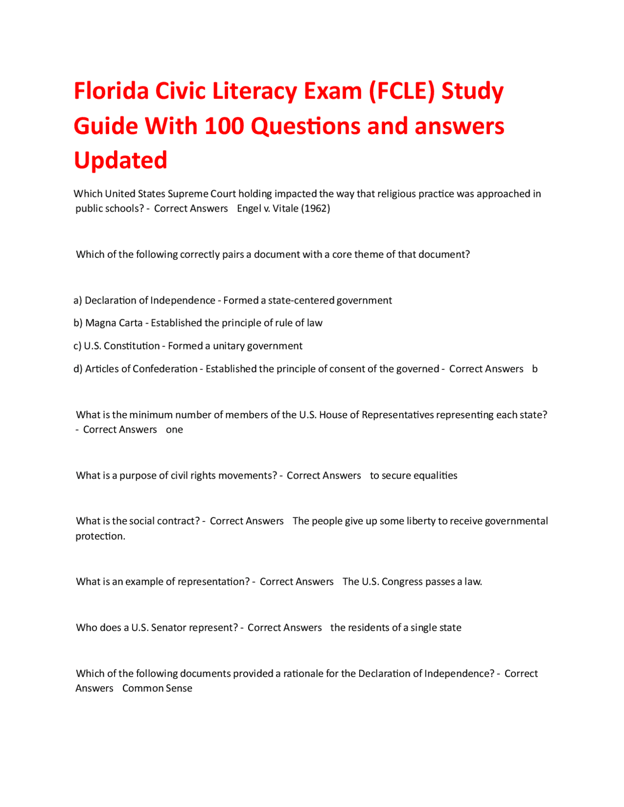 Florida Civic Literacy Exam (FCLE) Study Guide: 100 Questions and ...